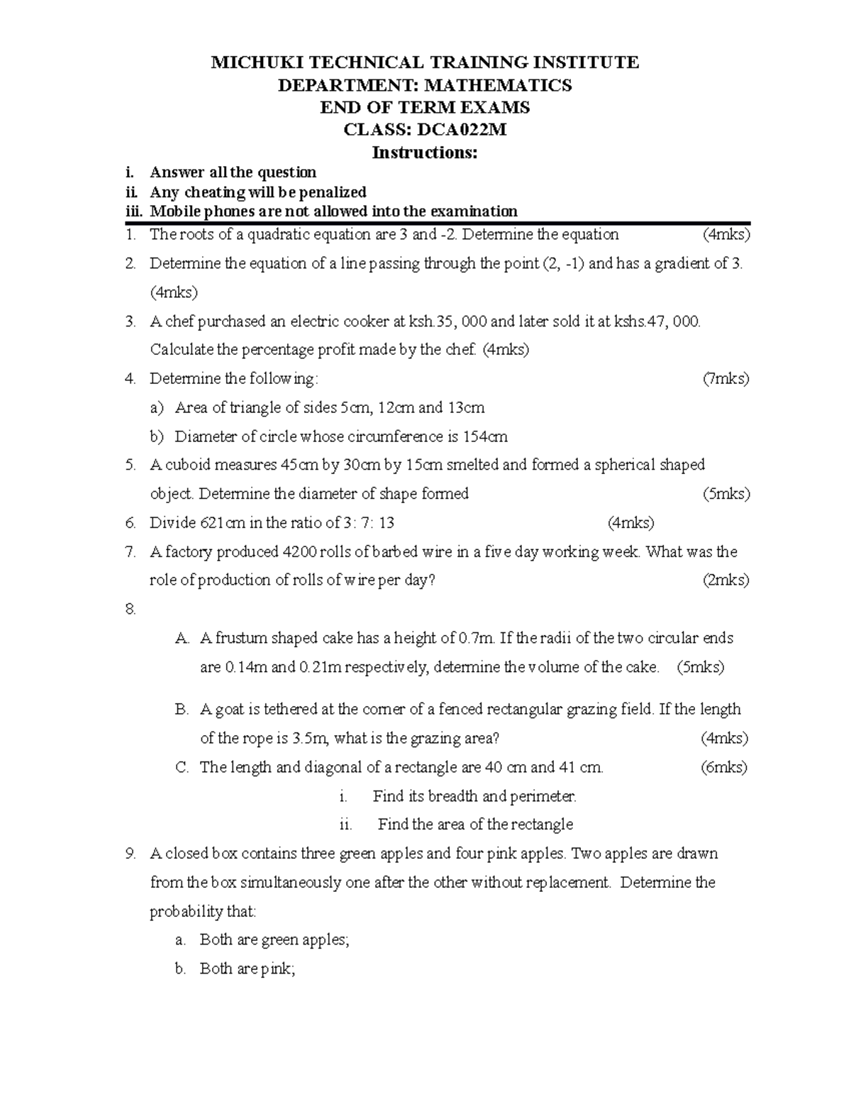 Exams END TERM DCA022M - assignment - MICHUKI TECHNICAL TRAINING ...