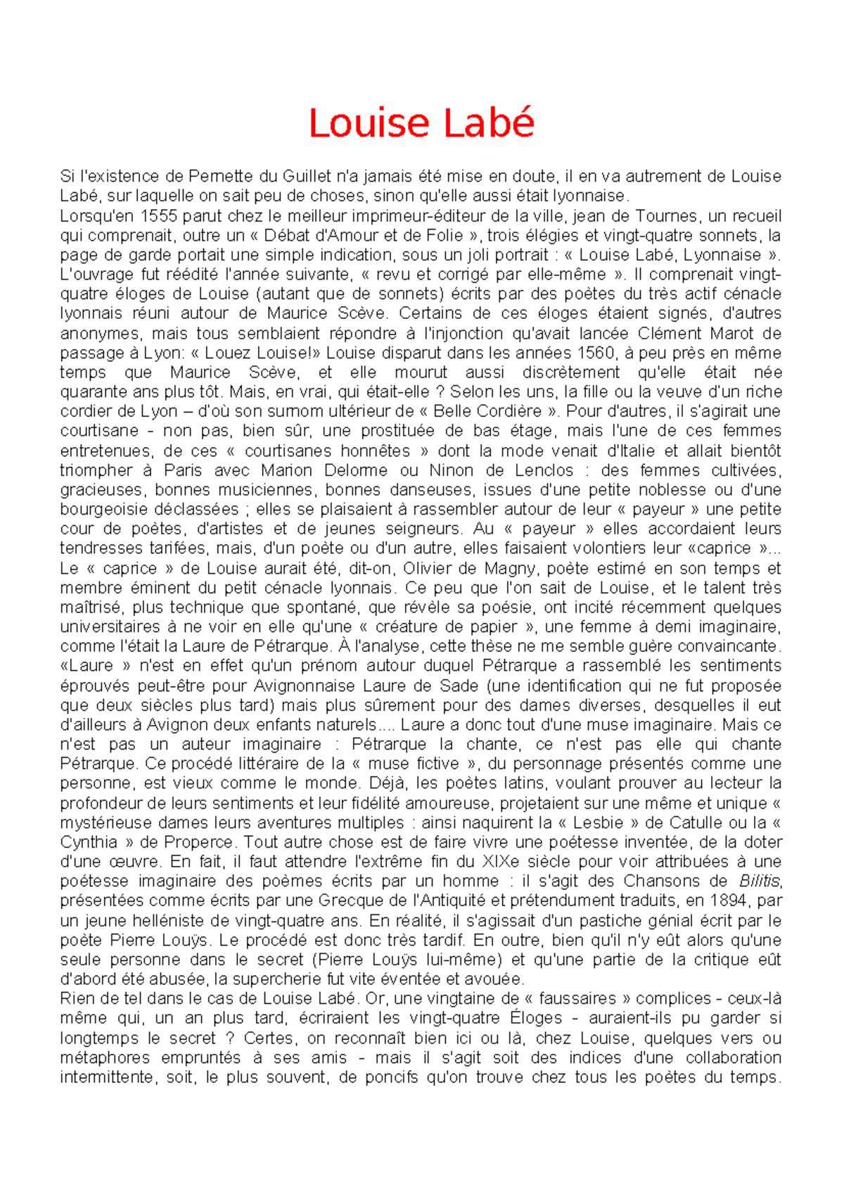 Louise Labé - C'est un recueil de sonnet - Louise Labé Si l'existence ...