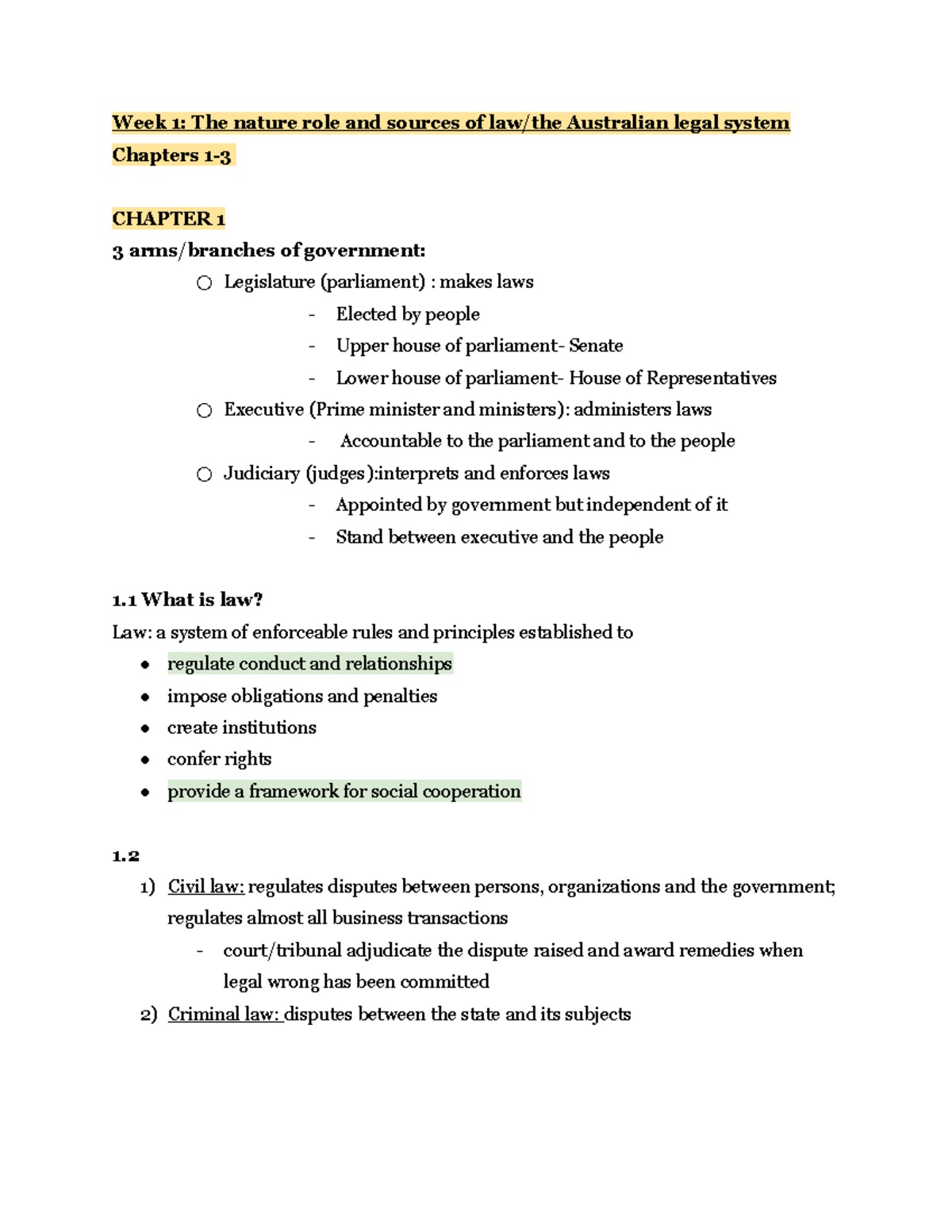 Week1 Notes for BU1112 - Week 1: The nature role and sources of law/the ...