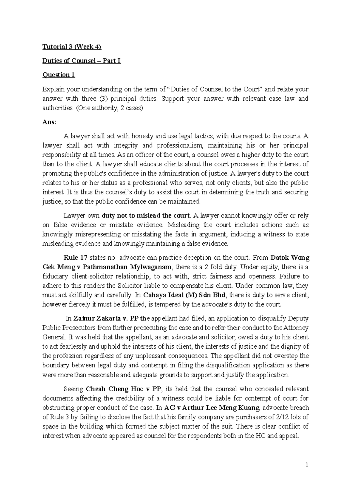 Professinal Practice Tutorial 3 Answer - Tutorial 3 (Week 4) Duties of Counsel – Part I Question ...