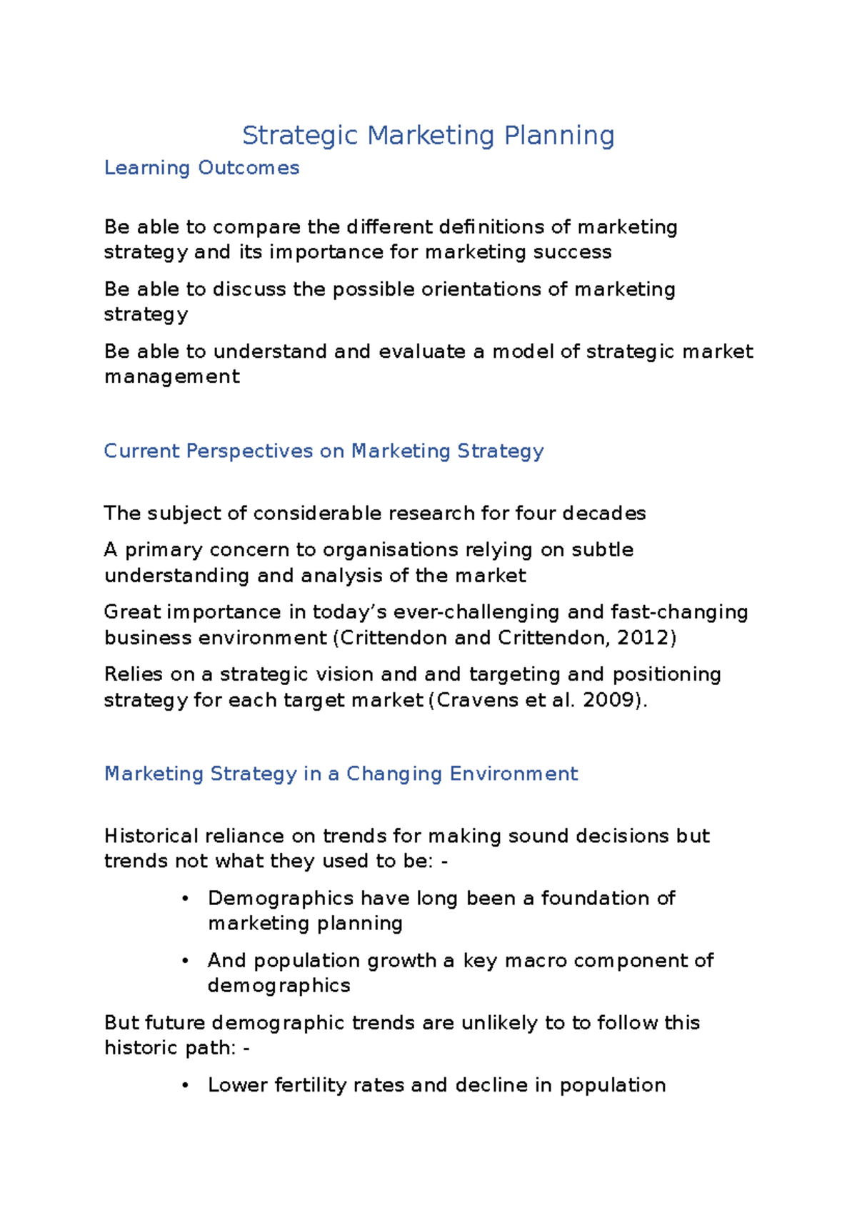 Lecture 1 - notes - Strategic Marketing Planning Learning Outcomes Be ...