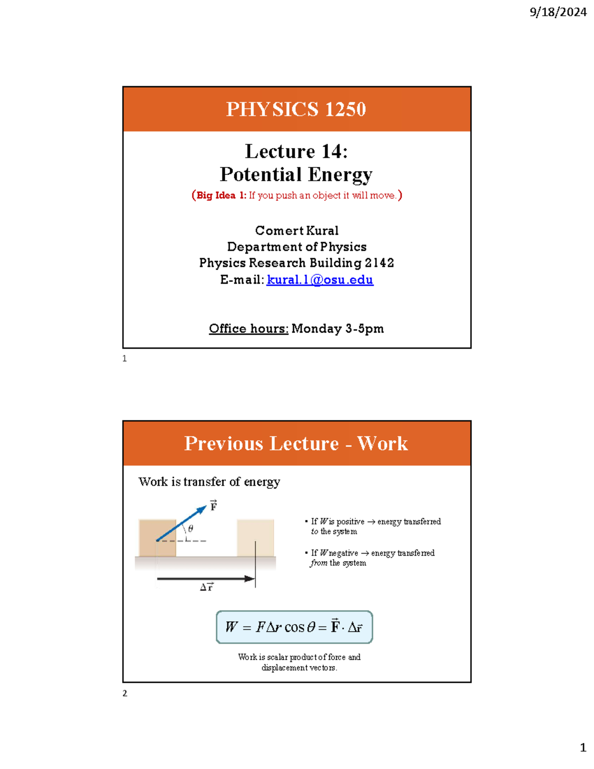 Lecture 14 - Pre - PHYSICS 1250 Lecture 14: Potential Energy Comert ...