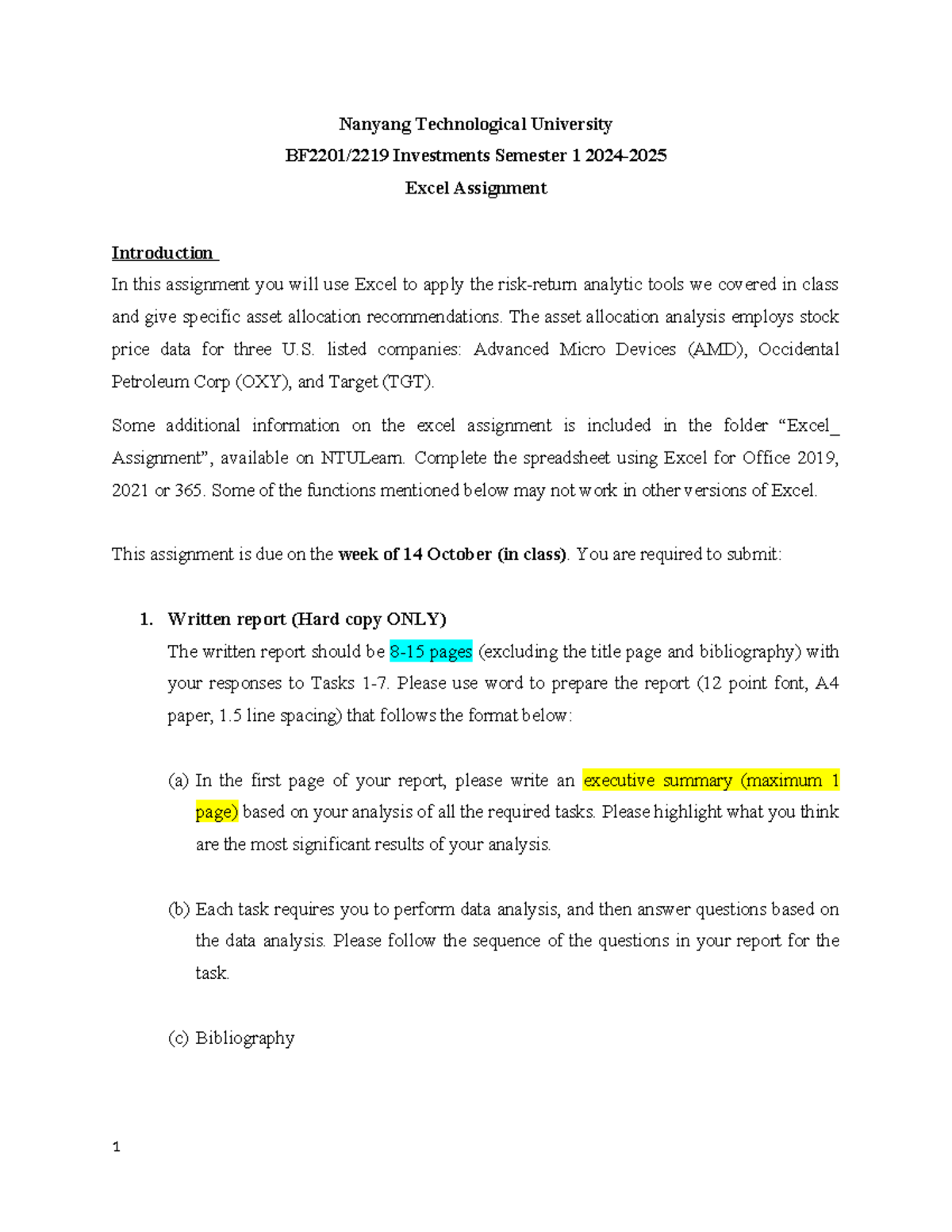 BF22012 219 Yr2024 Excel assignment - Nanyang Technological University BF2201/2219 Investments ...