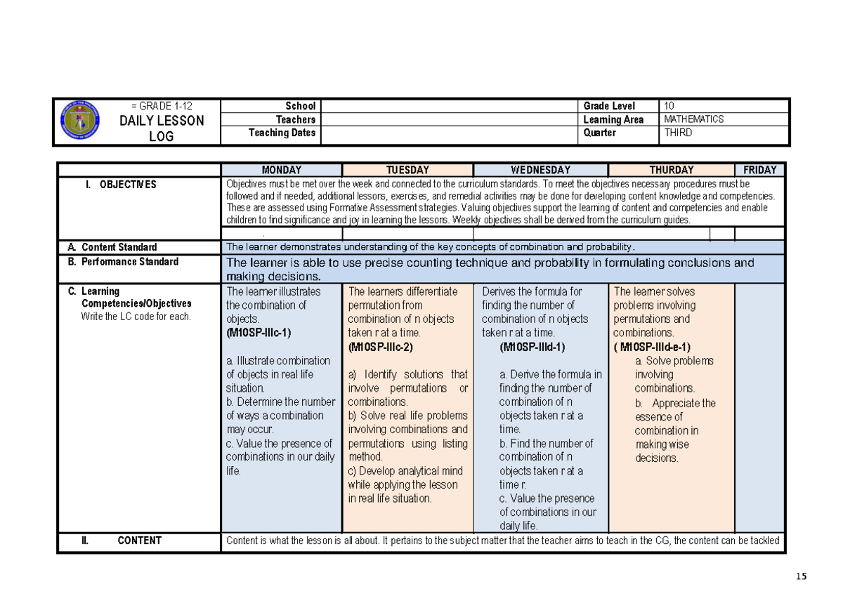 DLL WEEK2 LC36-39 - Lesson Log for Grade 1o Mathematics Quarter 3. It ...