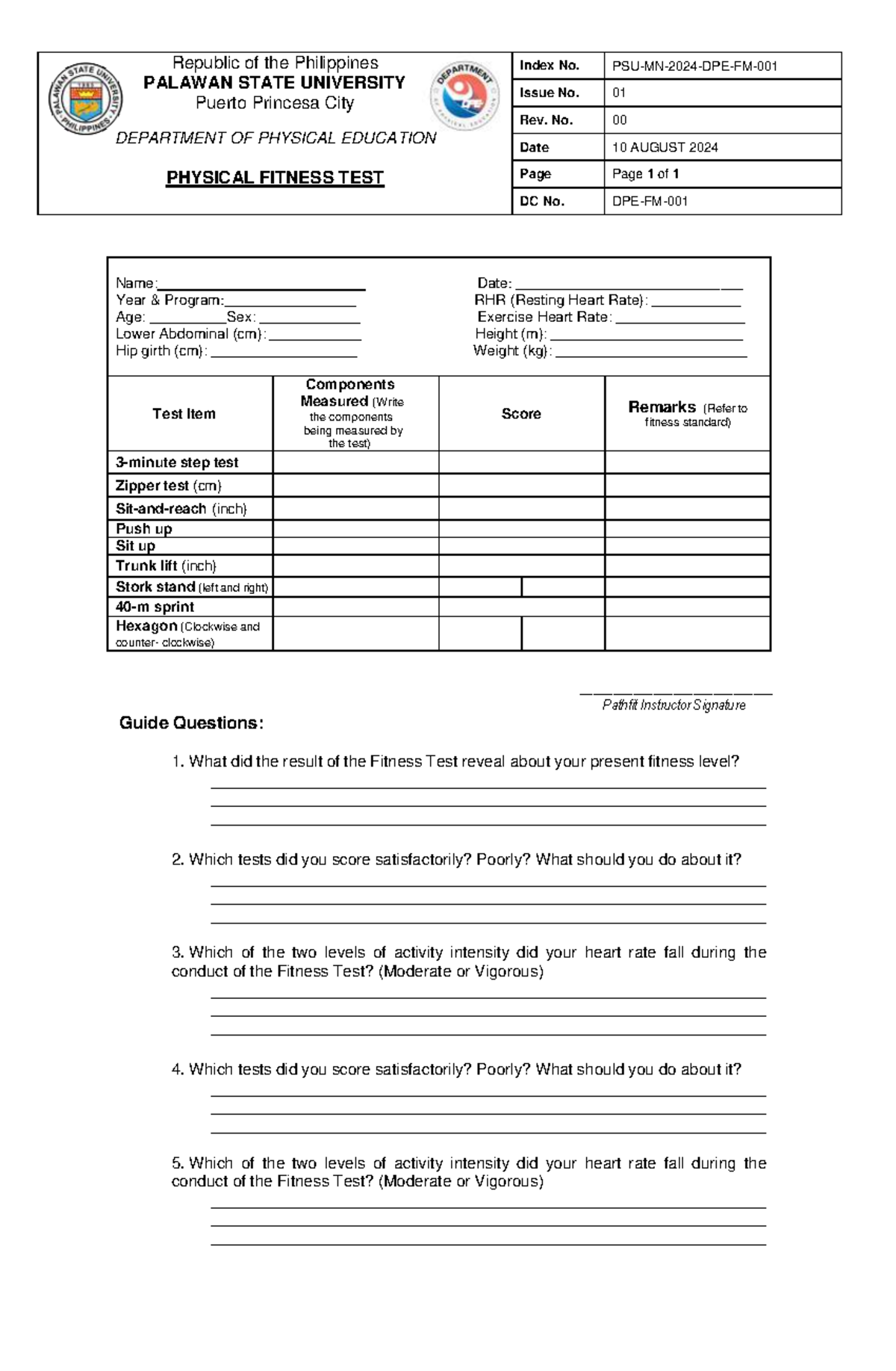 Pathfit 1 Fitness Test Form - Republic of the Philippines PALAWAN STATE ...
