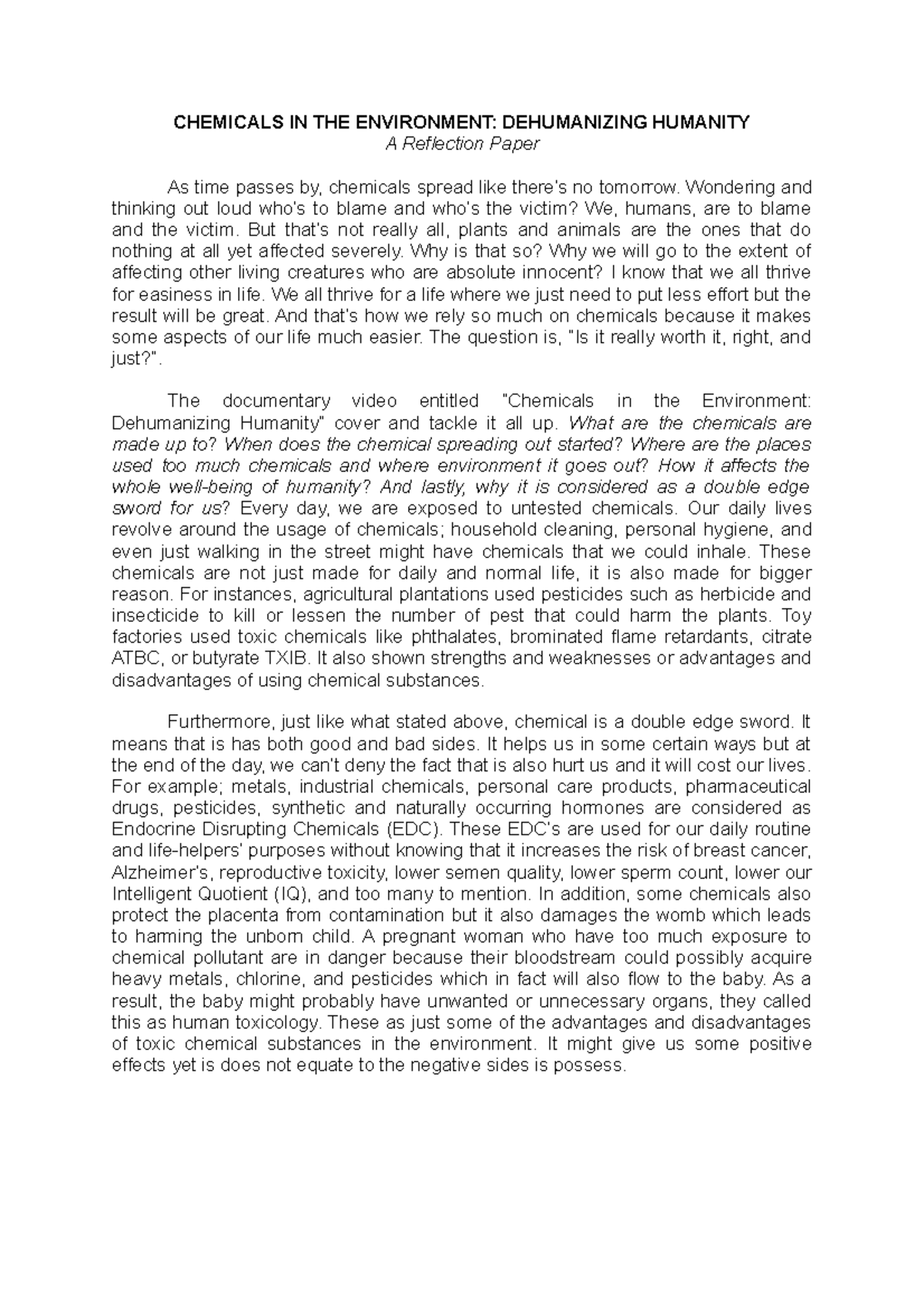 Reflection Paper Chemicals in the Envi.-Dehumanizing Humanity ...