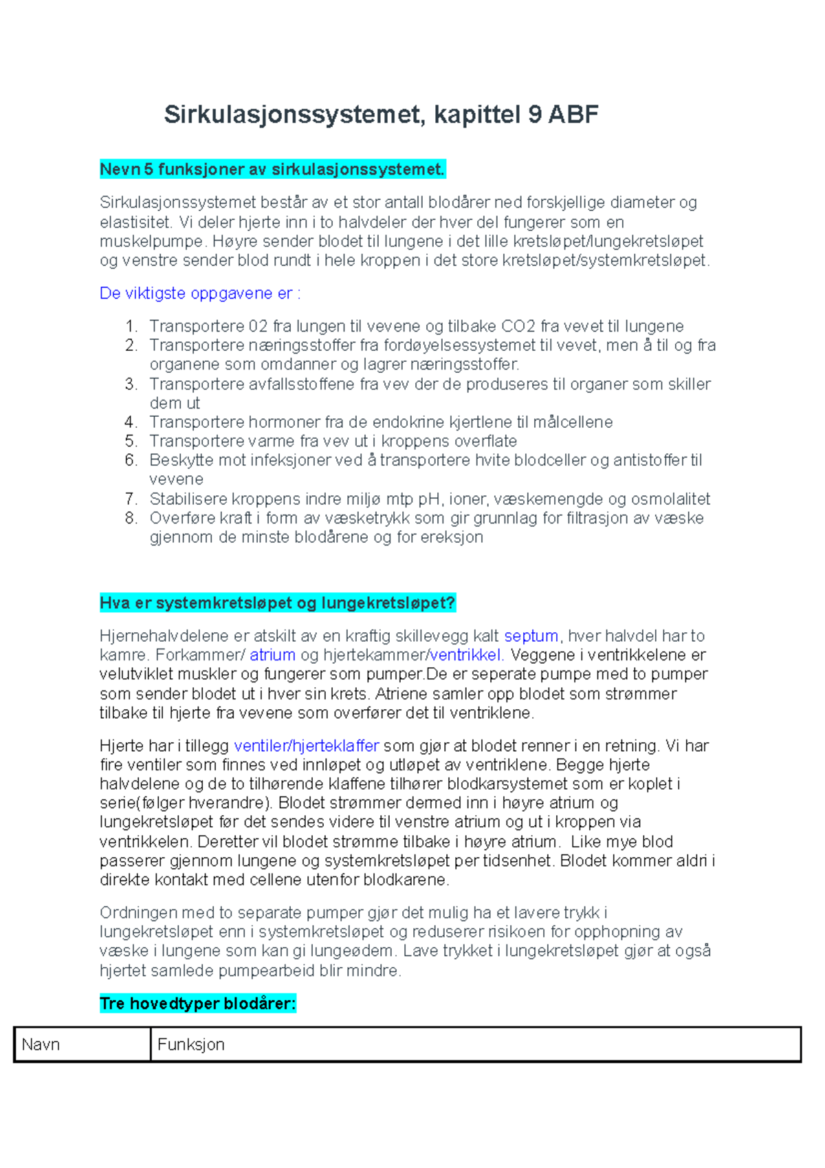 Sirkulasjon AFB - Sirkulasjonssystemet, kapittel 9 ABF Nevn 5 funksjoner av sirkulasjonssystemet ...