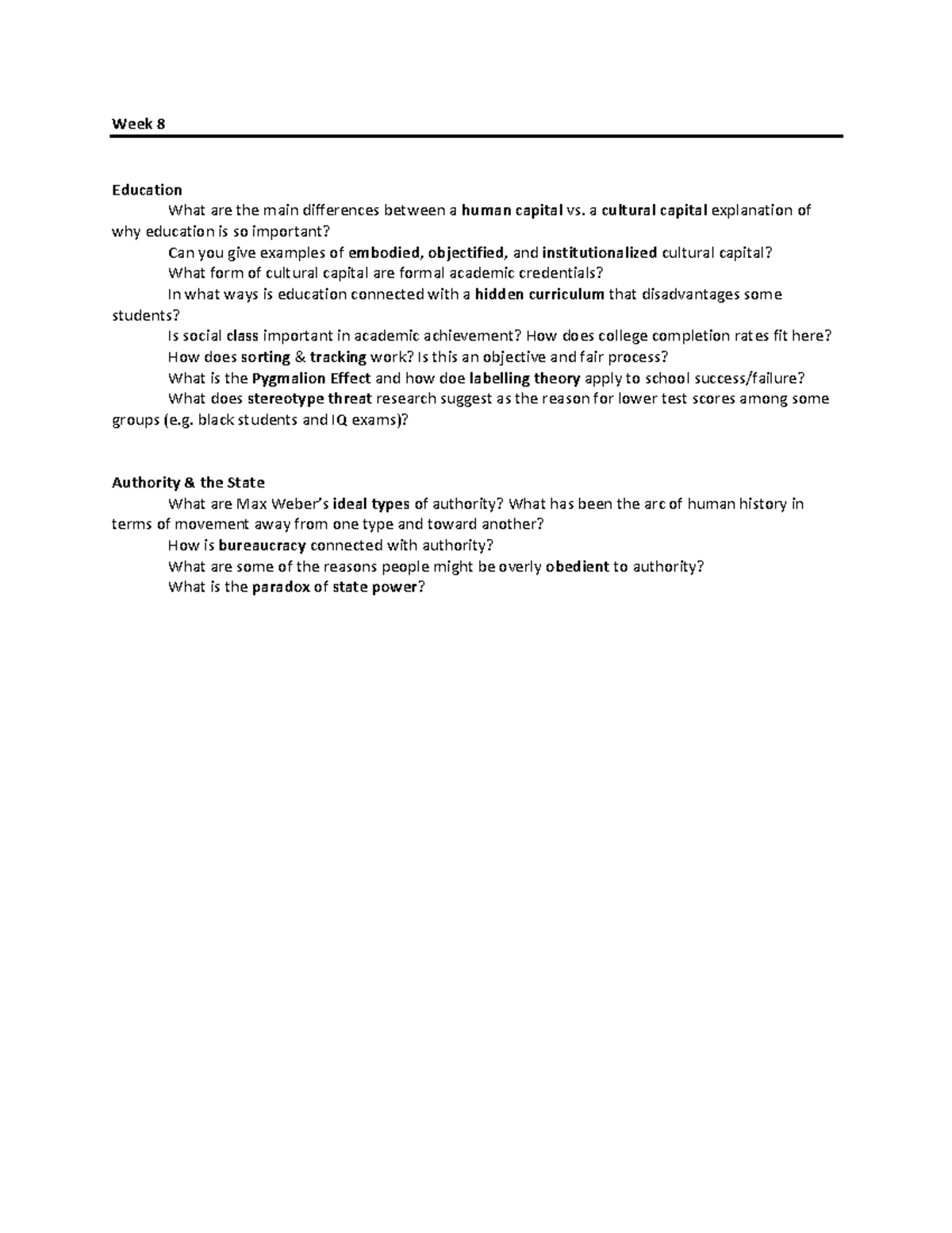 Week 8 Study Questions - Question given by teacher to concentrate on ...
