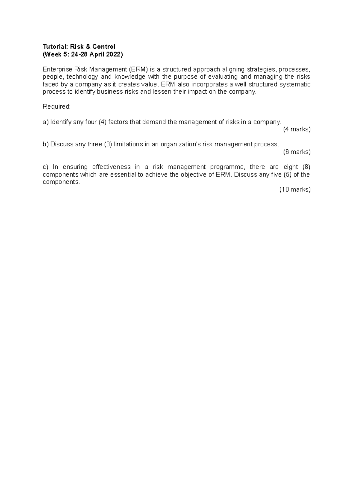 Tutorial Week 5 - Tutorial: Risk & Control (Week 5: 24-28 April 2022 ...