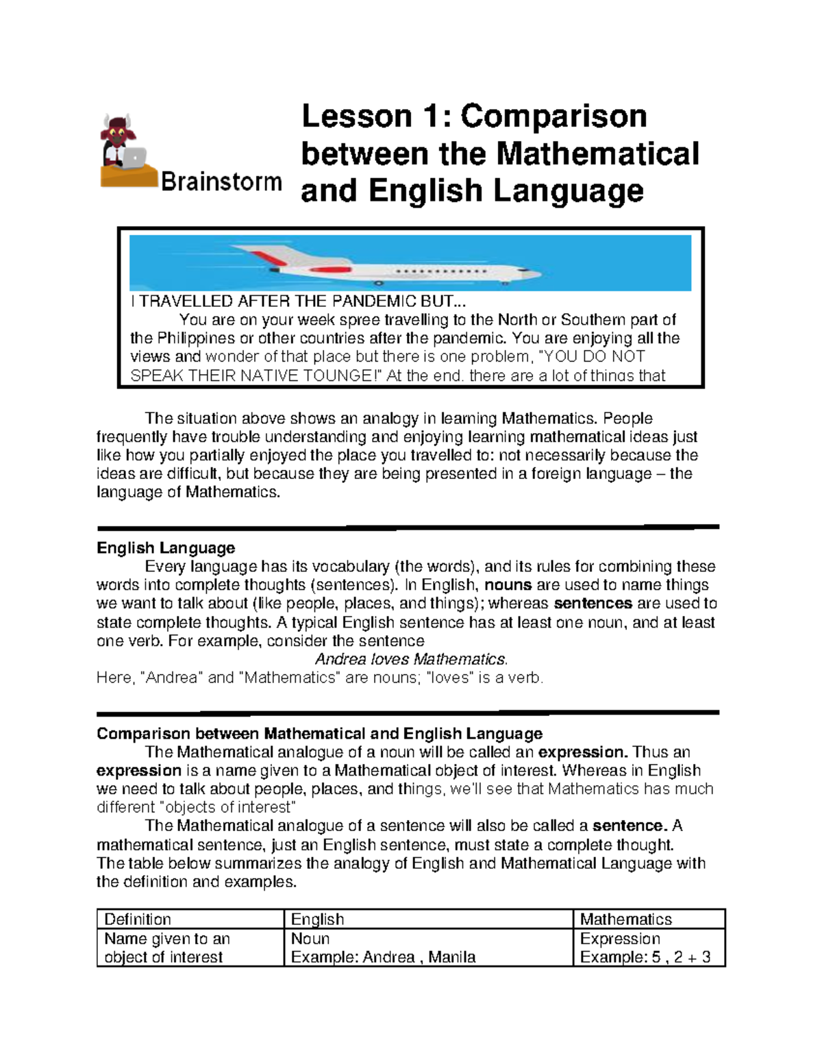 G Lecture Notes 1 5 Lesson 1 Comparison Between The Mathematical
