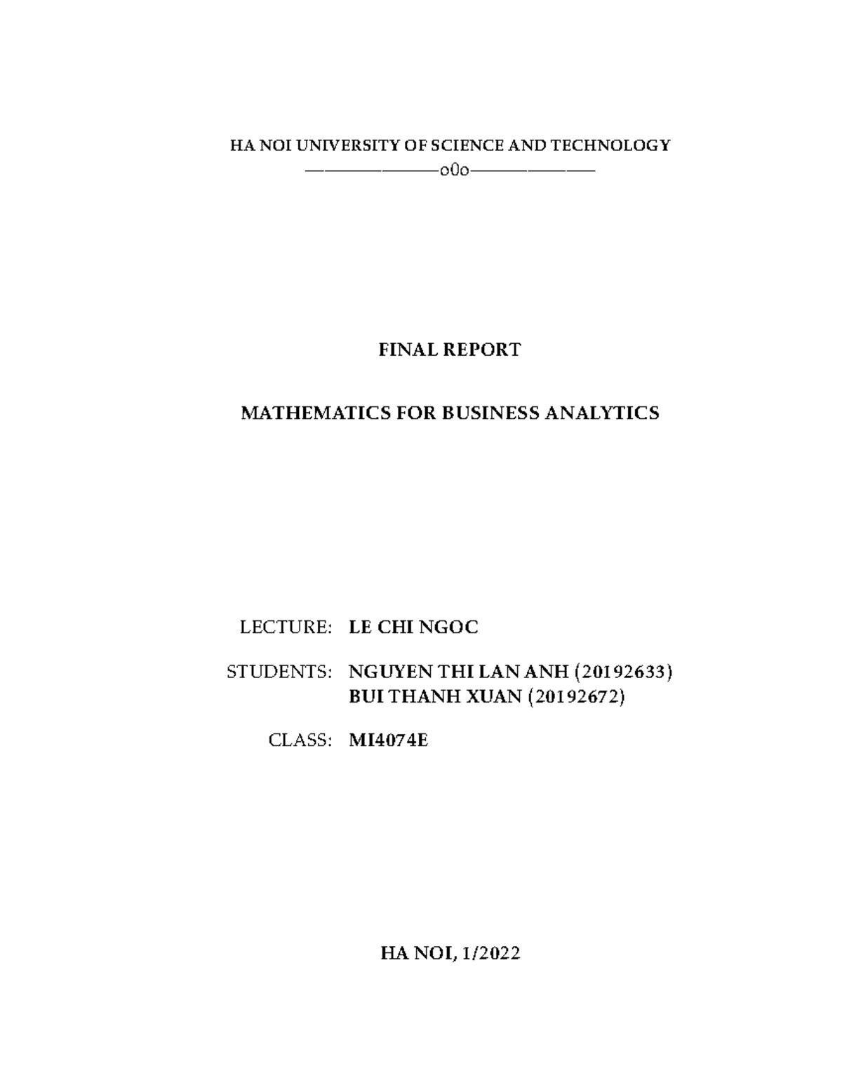 Final report - financial analysis - HA NOI UNIVERSITY OF SCIENCE AND TECHNOLOGY ———————o0o ...