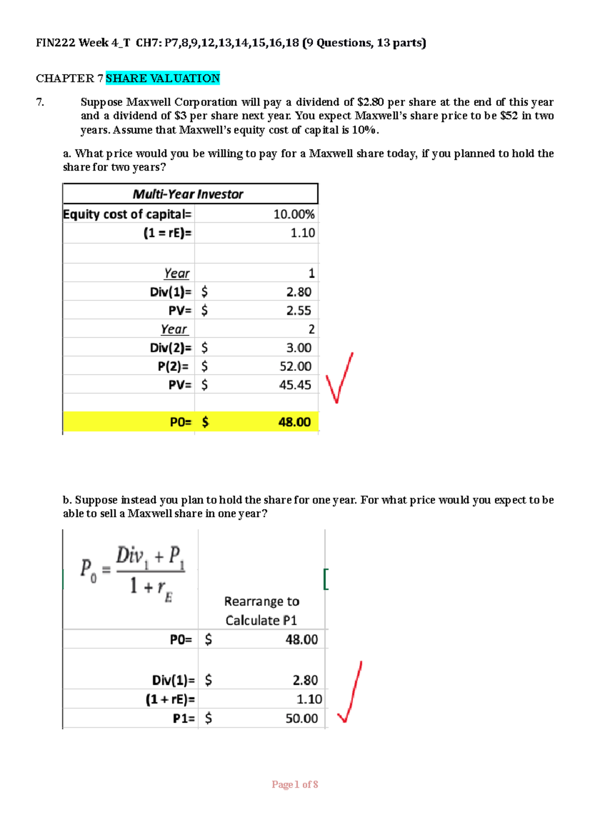 Week 4 - Share Valuation - FIN222 Week 4_T CH7: P7,8,9,12,13,14,15,16 ...