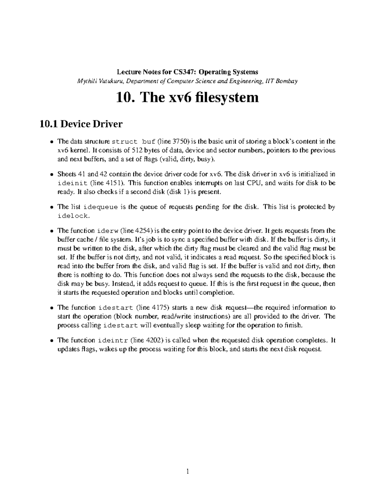 10 Xv6 Filesystem Operating Systems Lecture Notes For Cs347 Operating Systems Mythili