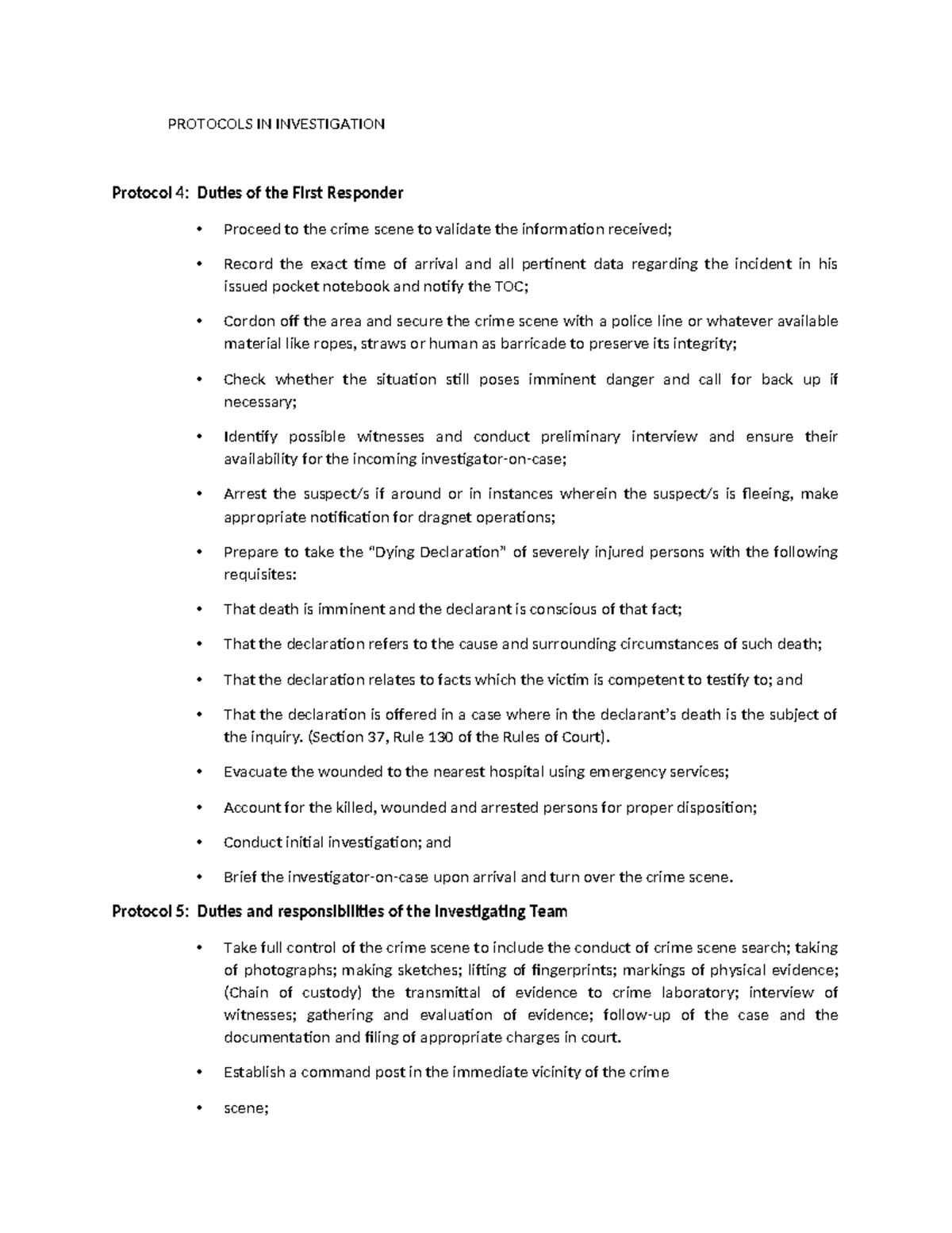 Fundamental-OF- Investigation - PROTOCOLS IN INVESTIGATION Protocol 4: Duties of the First ...