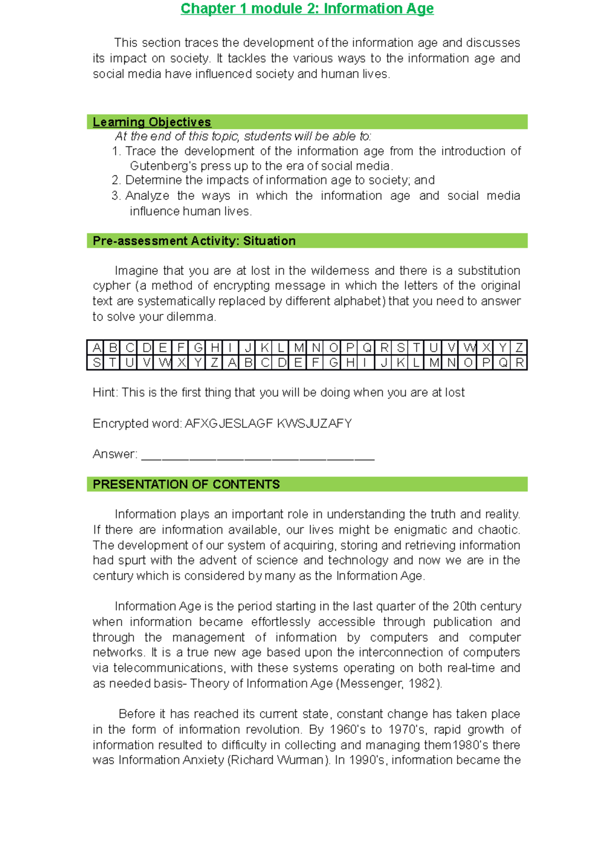Chapter 1 Module 2 - Goodluck - Chapter 1 module 2: Information Age This section traces the ...