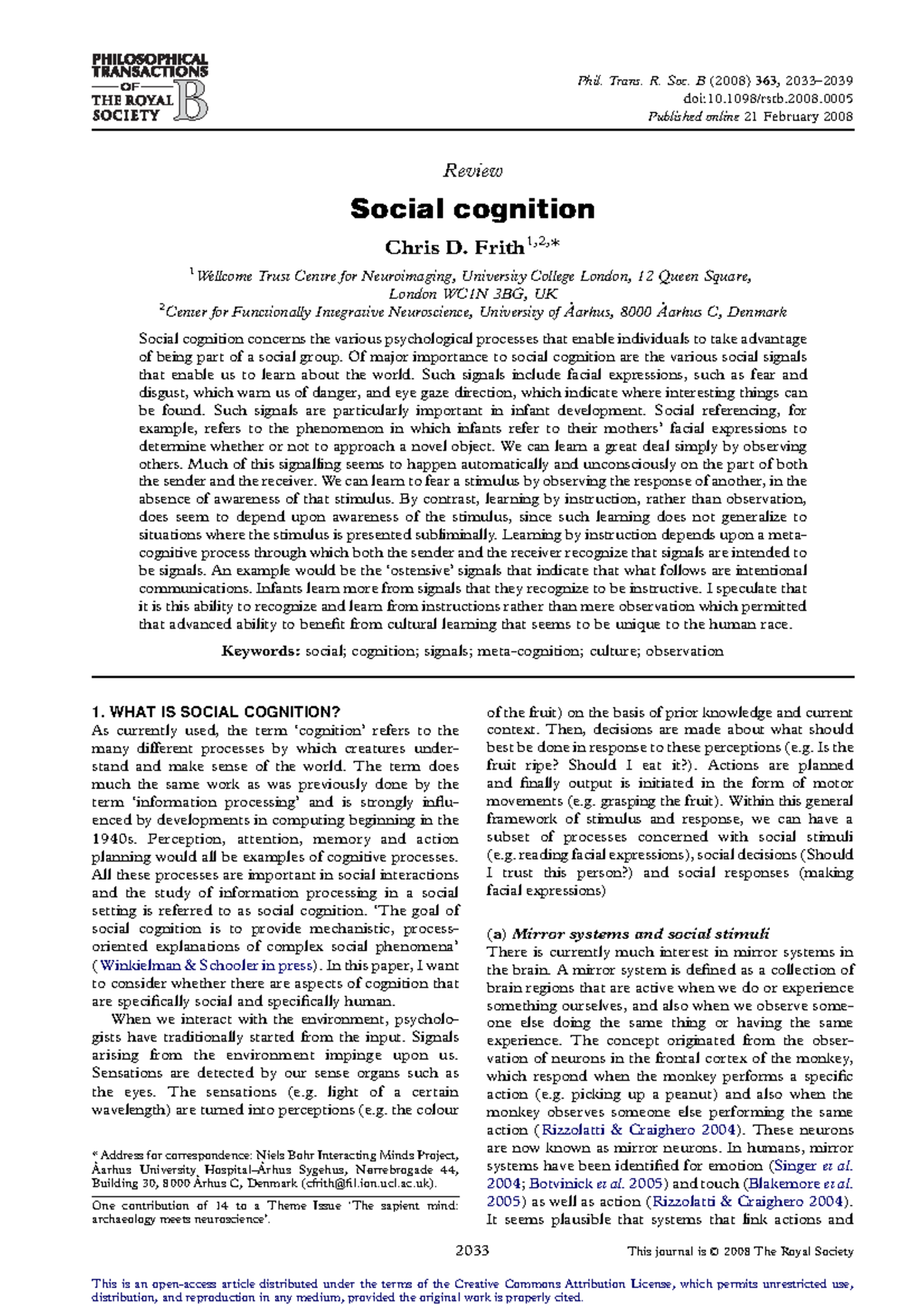 Frith, Social Cognition (2008 ) - Review Social cognition Chris D ...
