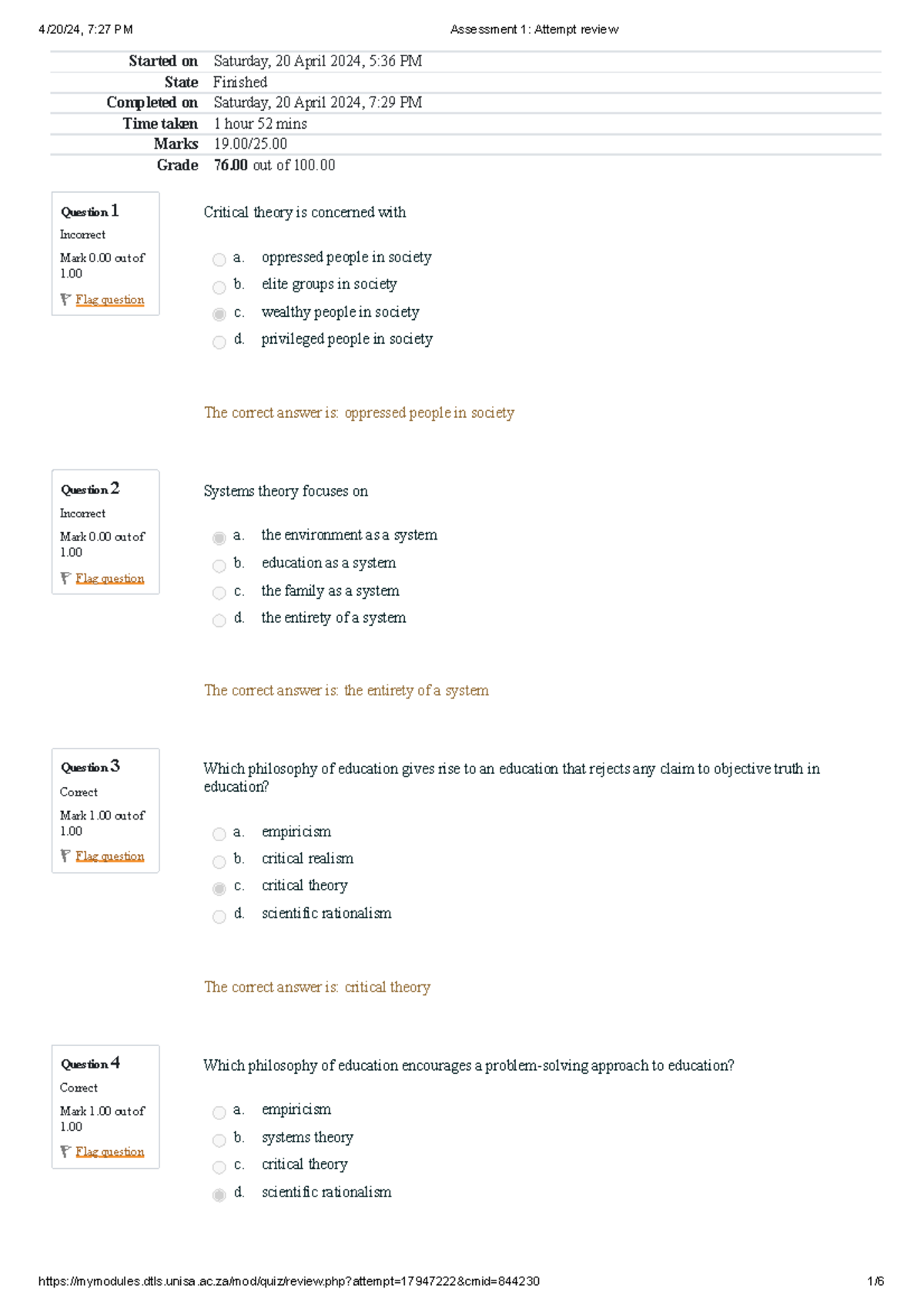 Assessment 1 Attempt review - Question 1 Incorrect Mark 0 out of 1 ...