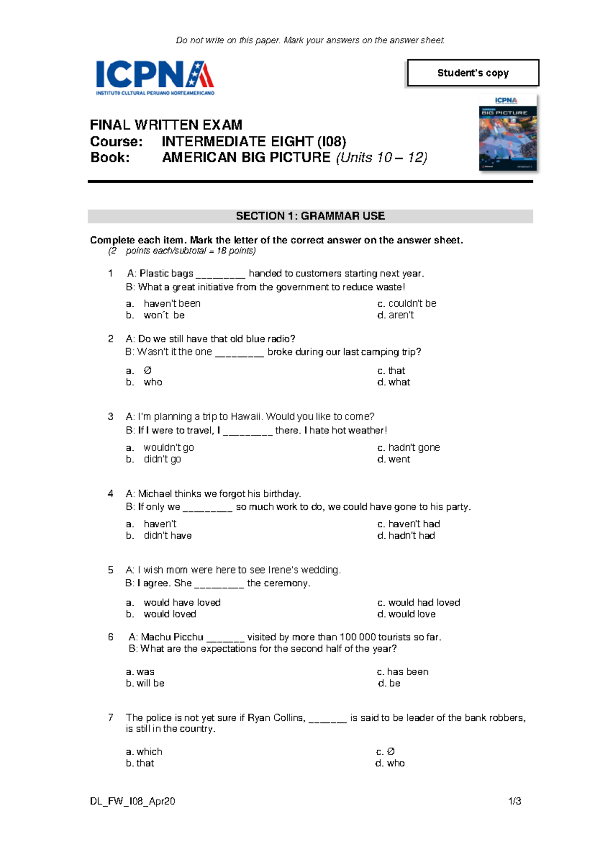 I08 Final EXAM SC - Examen de intermedio 8 - Do not write on this paper ...
