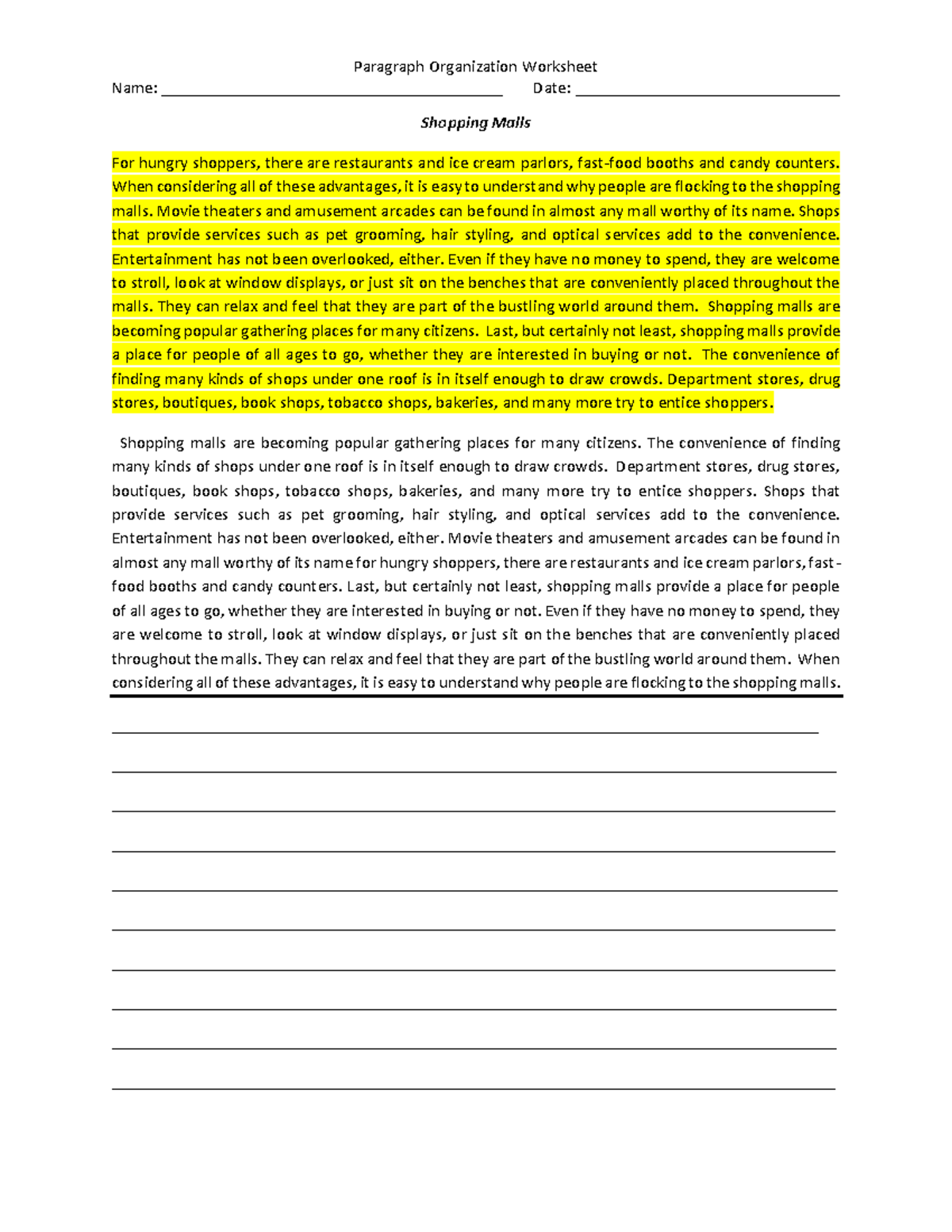 Reorganizing paragraphs - Paragraph Organization Worksheet Name: - Studocu