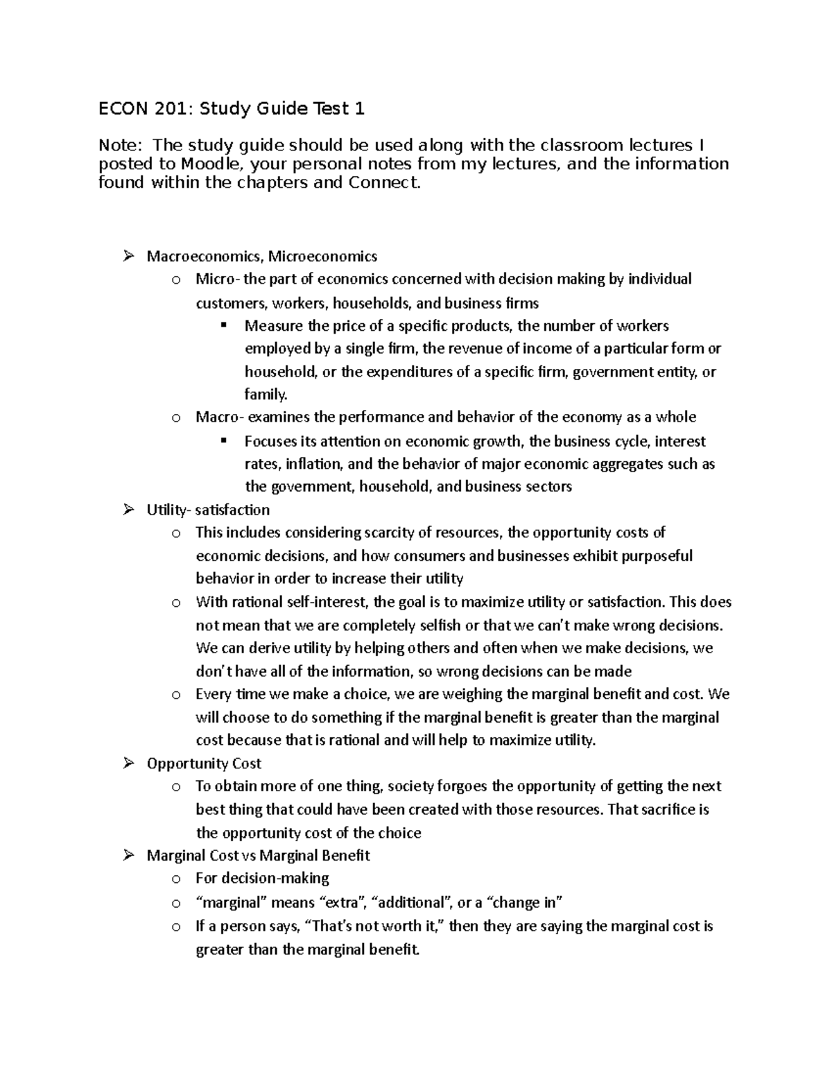 ECON201 Test 1 Review - in class - ECON 201: Study Guide Test 1 Note ...