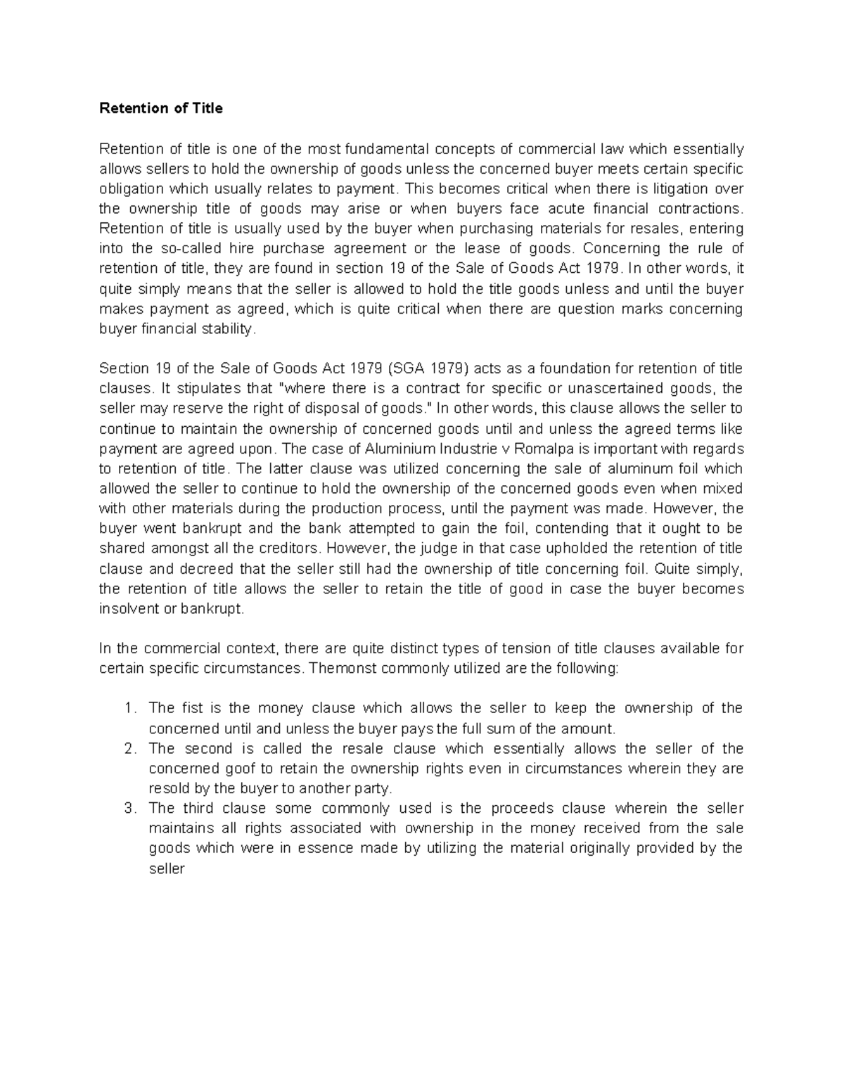 Retention of Title - Notes in detail - Retention of Title Retention of ...