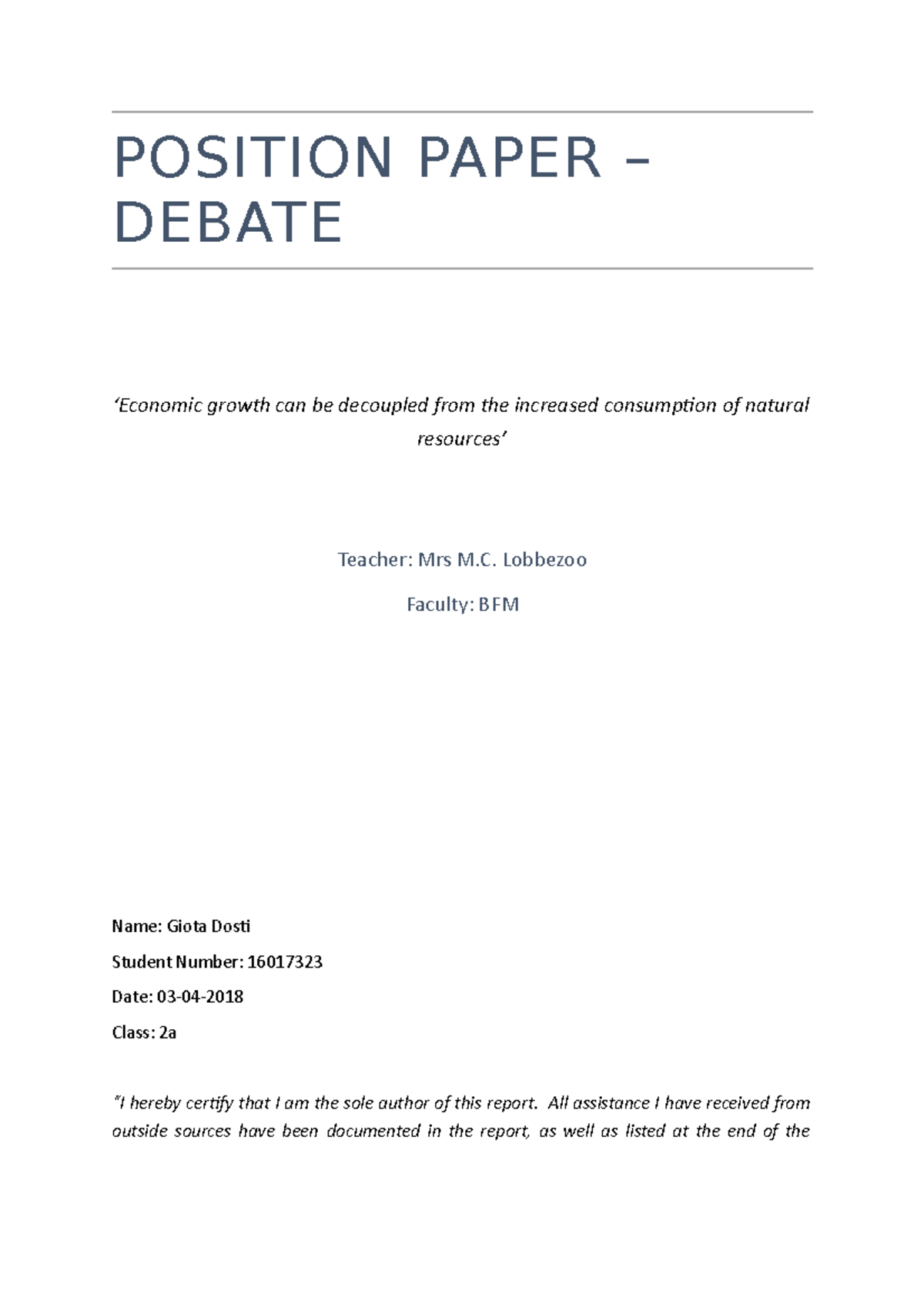 Debate - Ethics&Sustainability - Giota Dosti - POSITION PAPER – DEBATE ...