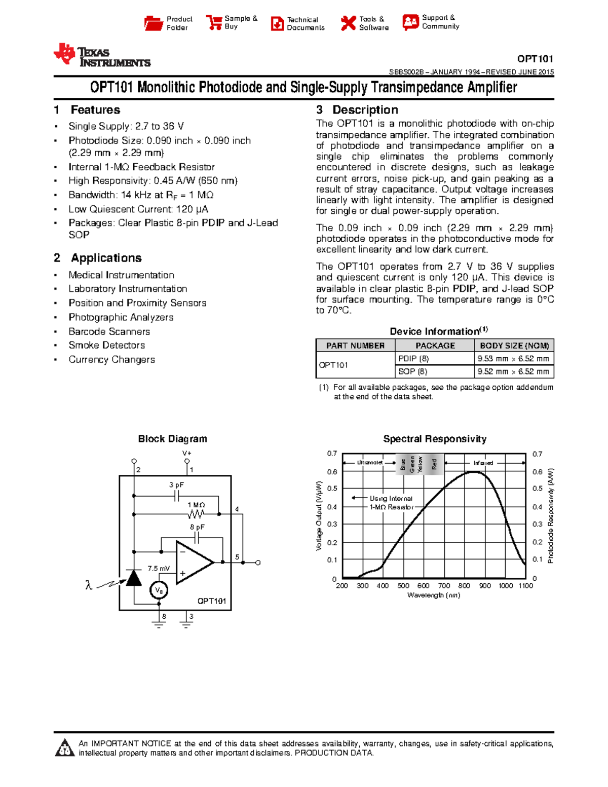 Opt101 datasheet para examen - 1 MW OPT 3 pF 8 pF 2 5 4 V+ l 8 3 VB 7 ...