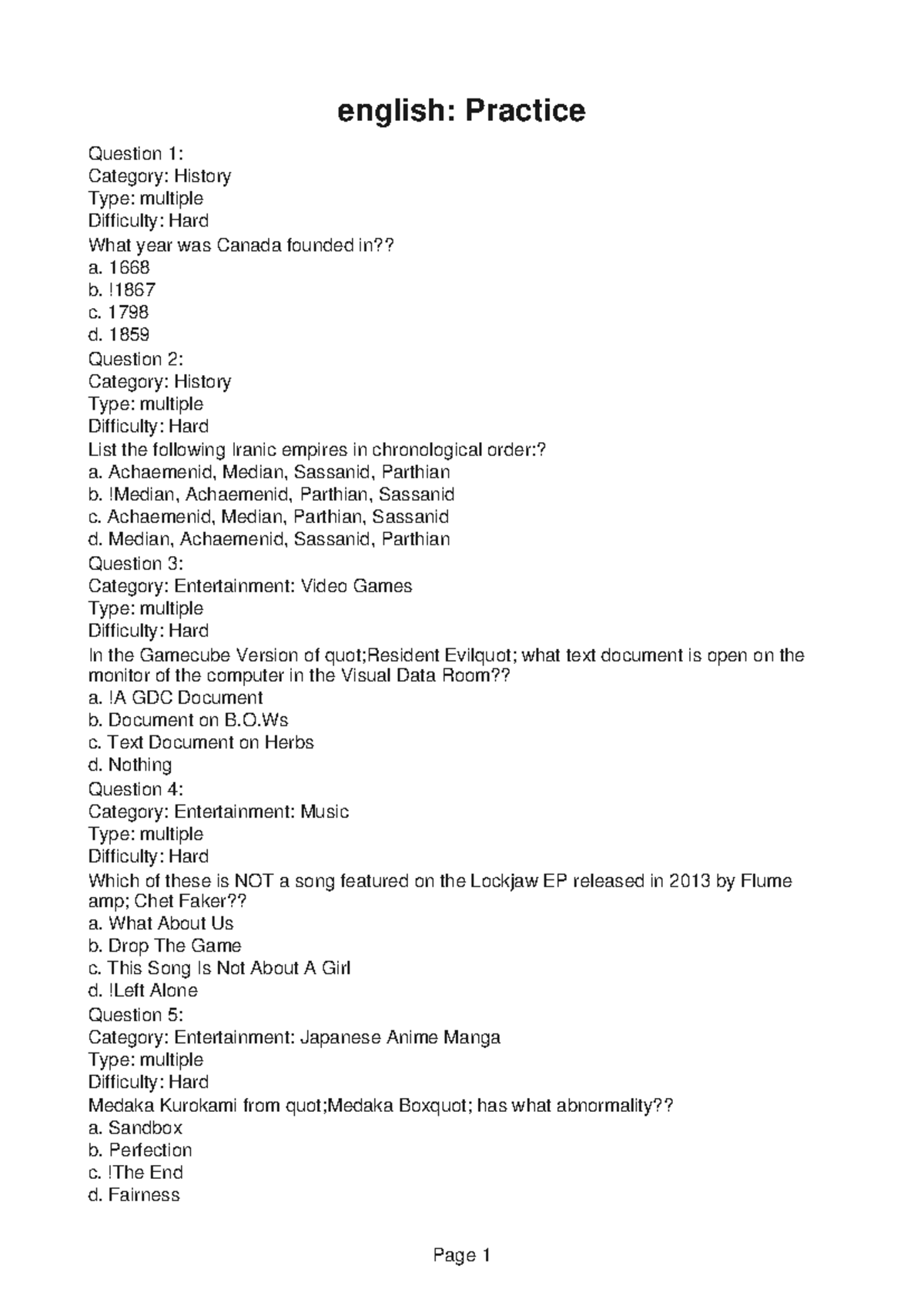 English Practice 4 - english: Practice Question 1: Category: History ...