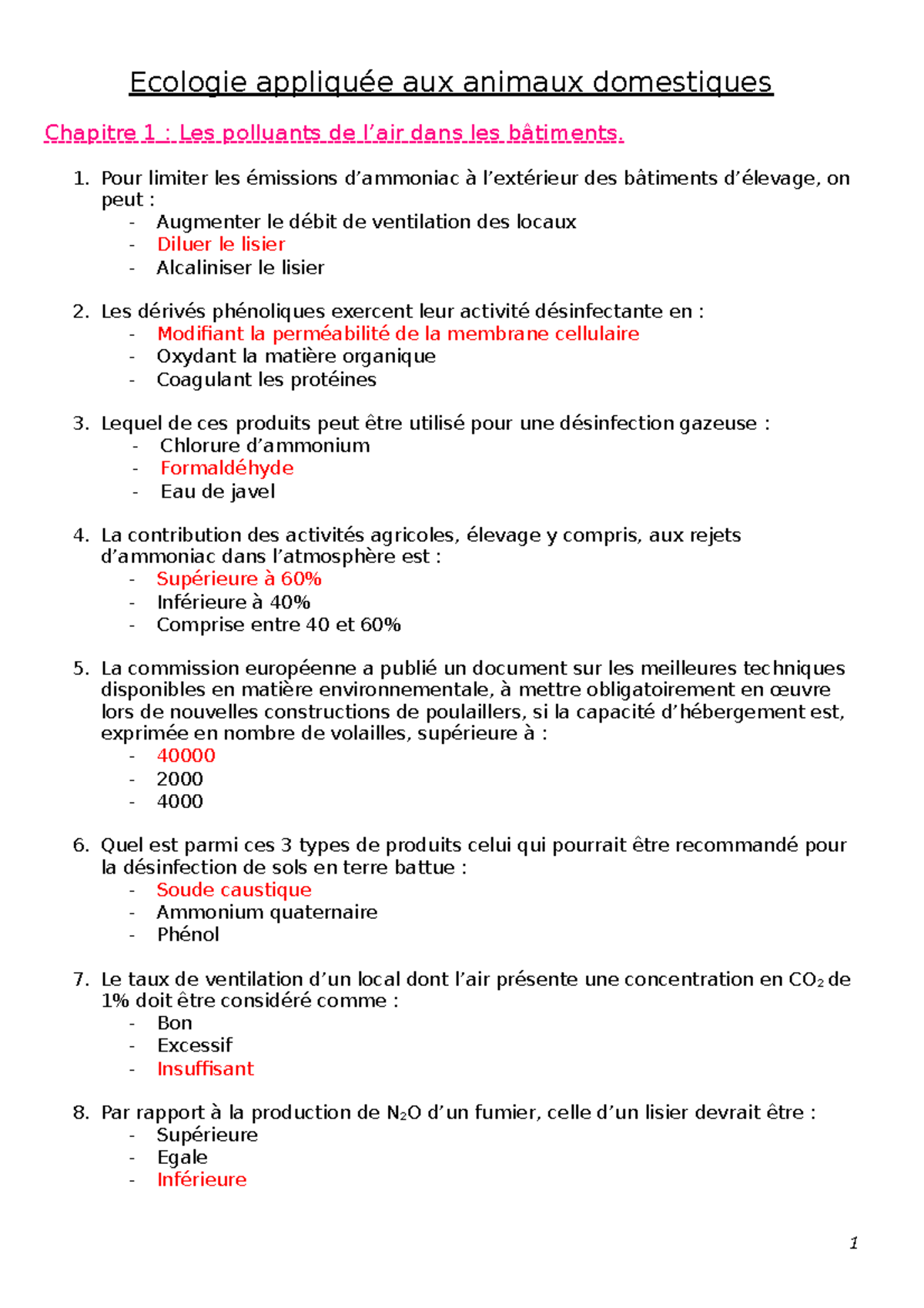 Ecologie - exemples de QCM - Ecologie appliquée aux animaux domestiques ...