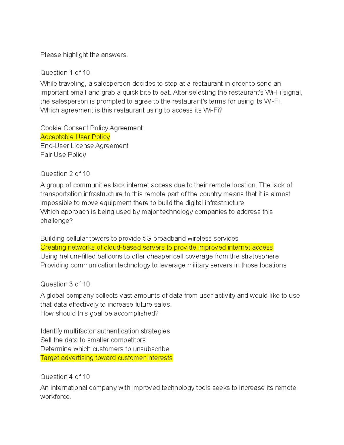 Sken129 Unit 6 - coursework - Please highlight the answers. Question 1 of 10 While traveling, a ...