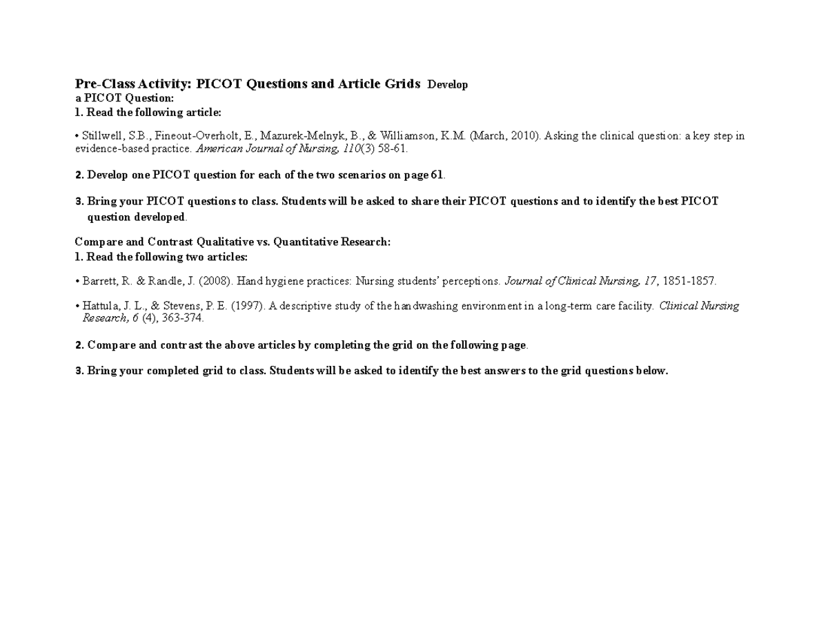 Ebp Prep Work Sp20 Well Done Pre Class Activity Picot Questions