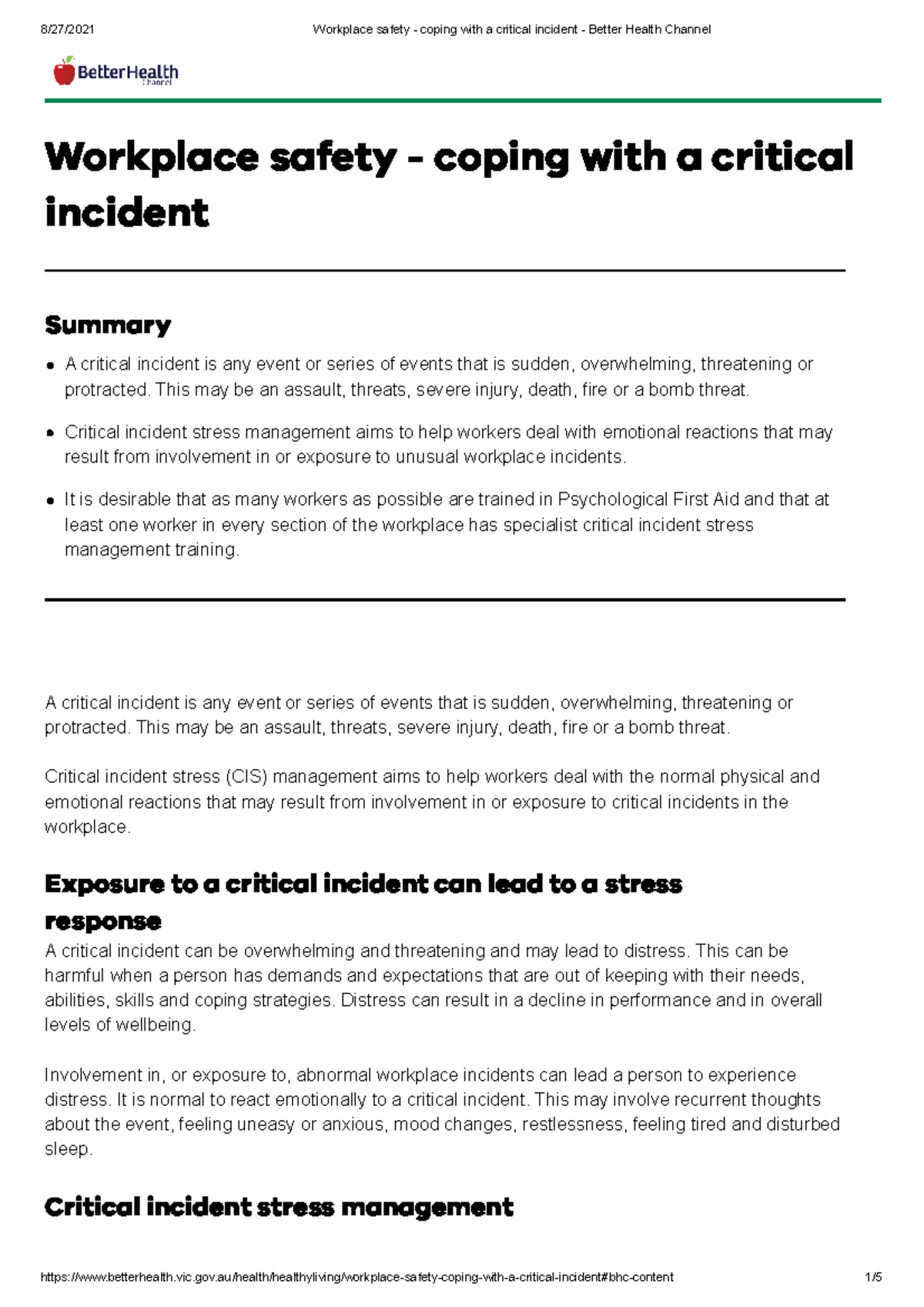 Workplace safety - coping with a critical incident - Better Health ...