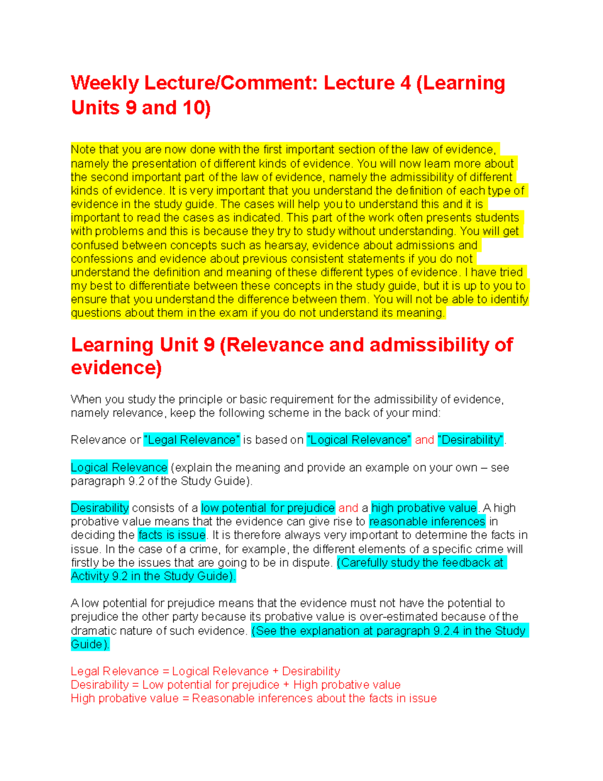 LEV3701 Lecture NOTES 4, STUDY UNIT 9 AND 10 - Weekly Lecture/Comment ...