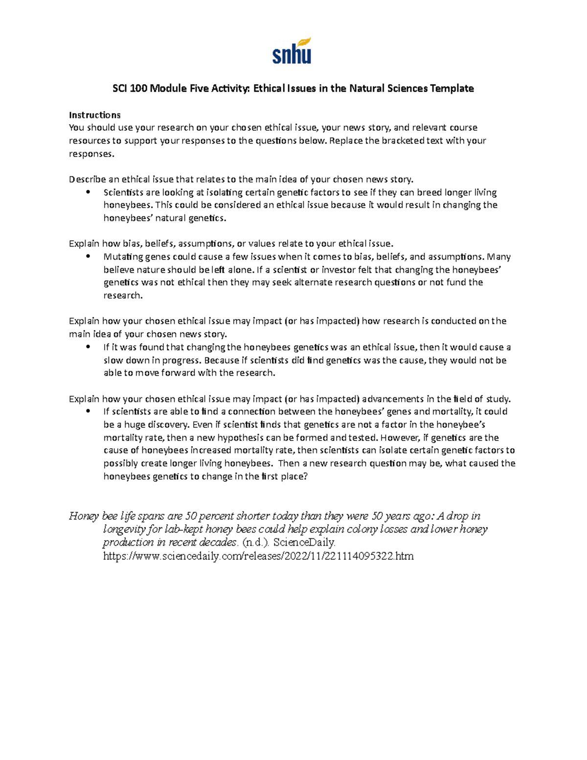 SCI 100 Module Five Activity Template - SCI 100 Module Five Activity: Ethical Issues in the ...
