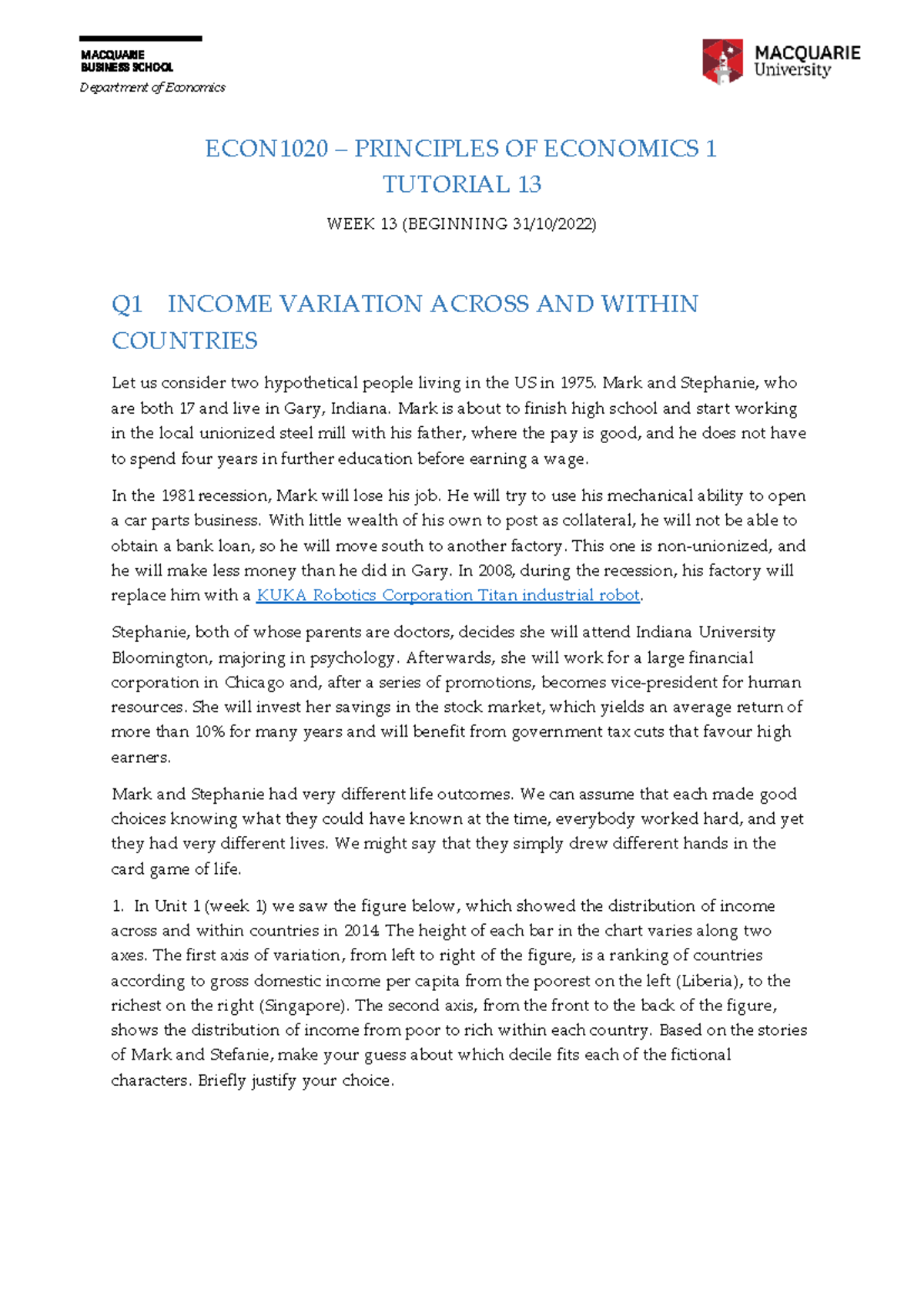 ECON1020 S2 2022 Tutorial 13 - Questions - MACQUARIE BUSINESS SCHOOL ...