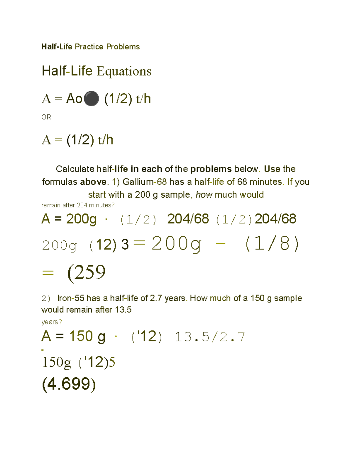 KEY Half Life Practice WS Half Life Practice Problems Half Life