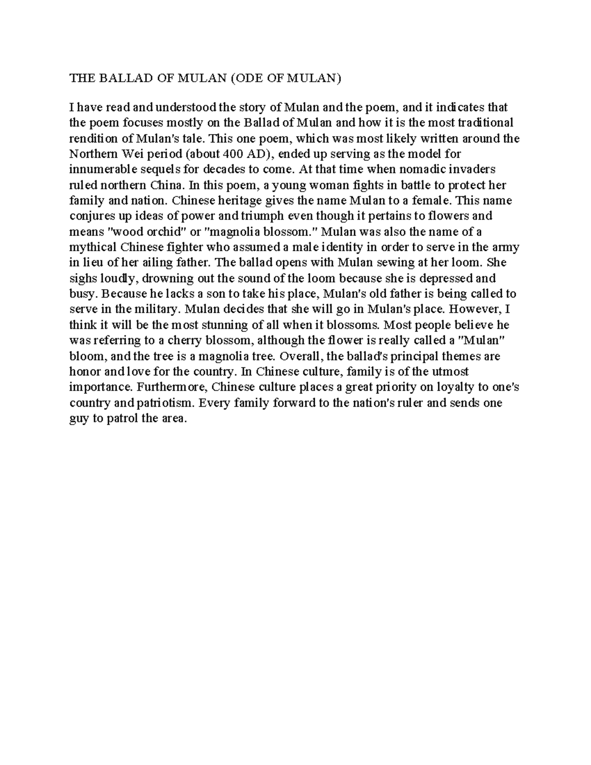 Reading log 6 - THE BALLAD OF MULAN (ODE OF MULAN) I have read and ...