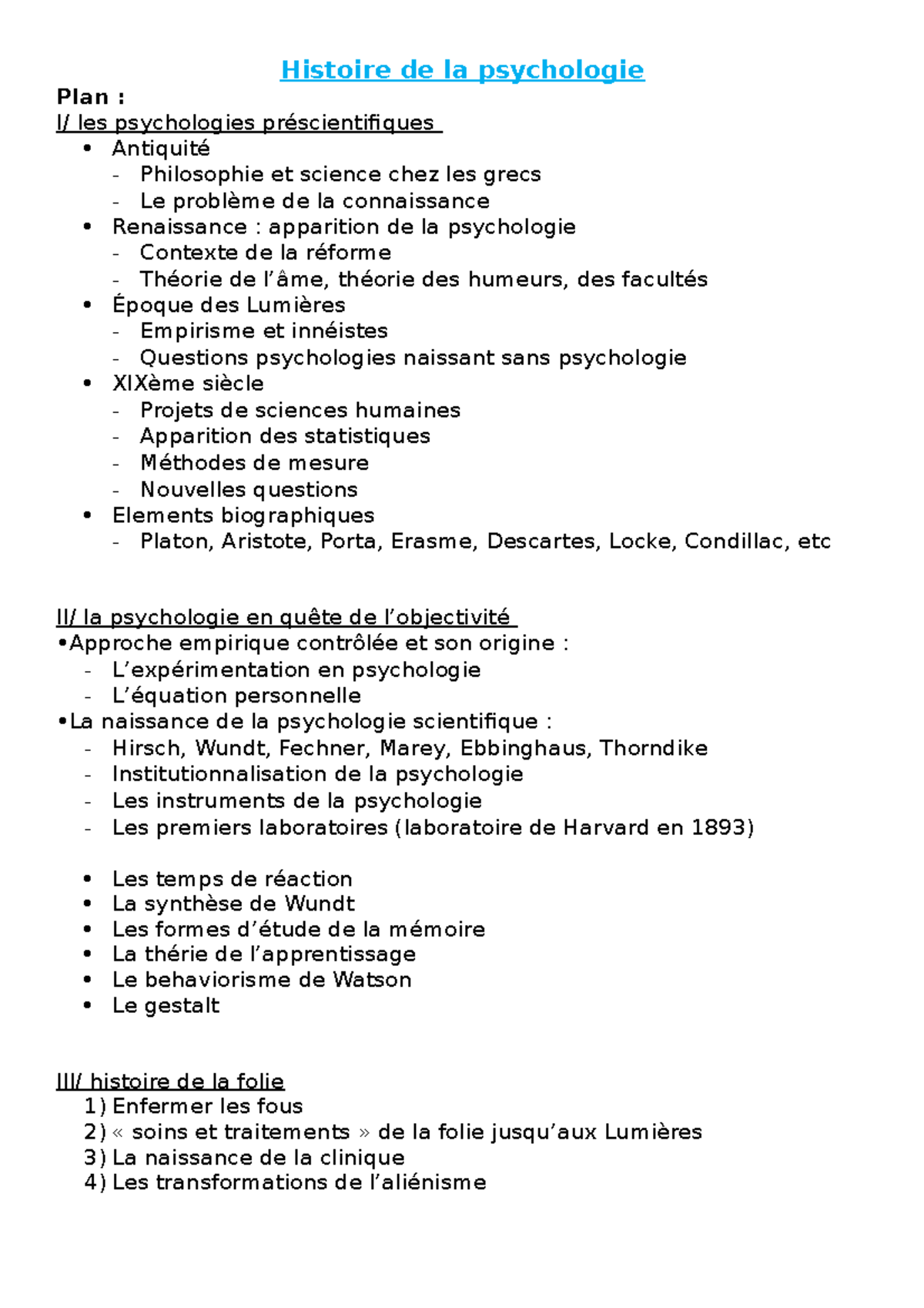 Cours 1 et 2 histoire - Histoire de la psychologie Plan : I/ les ...