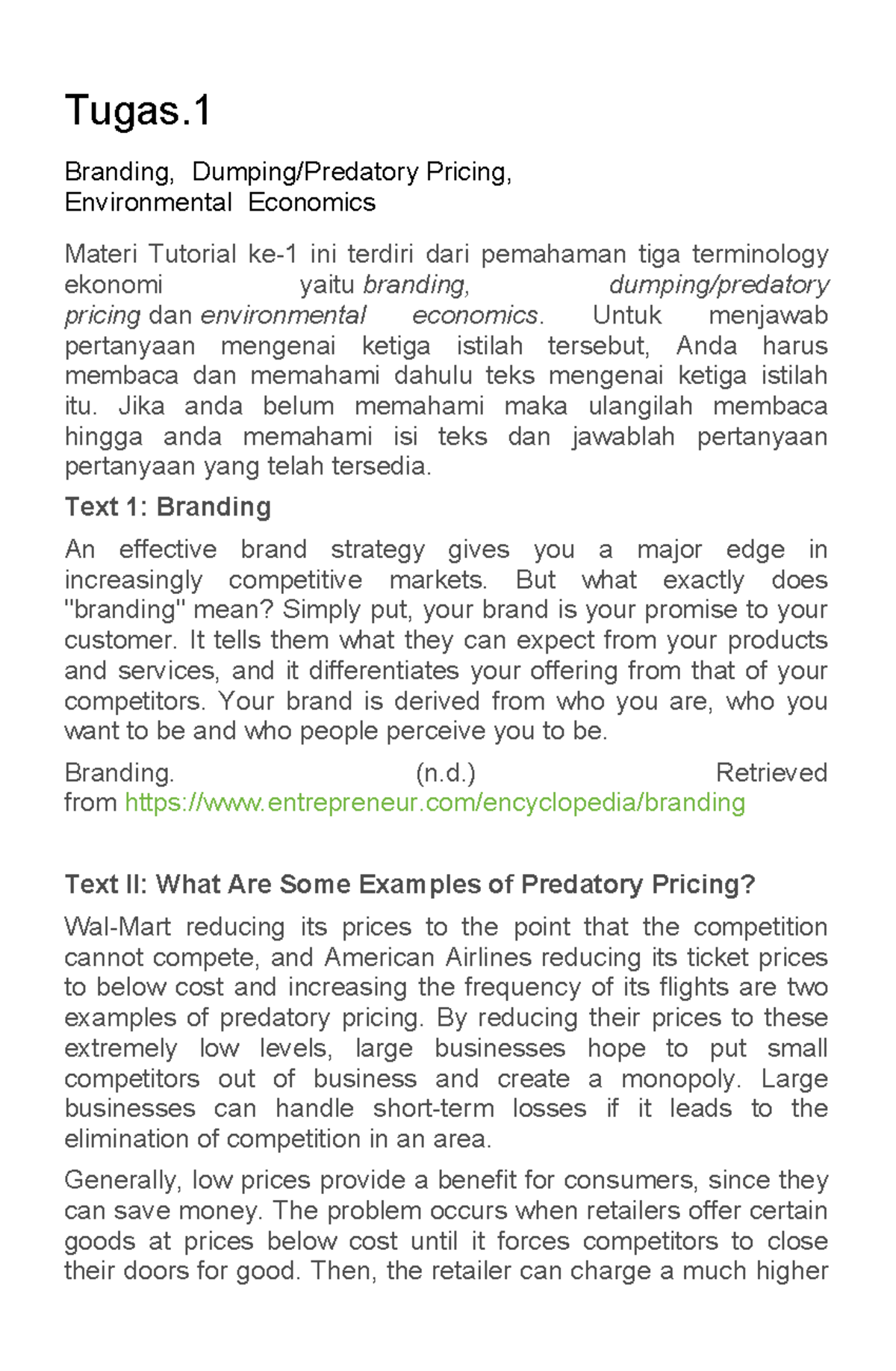 Tugas 1 ADBI4201 - Tugas. Branding, Dumping/Predatory Pricing ...
