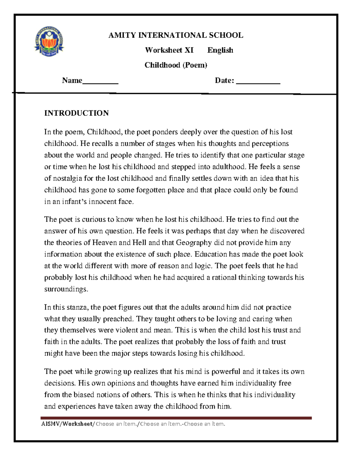 Childhood (Poem) - Notes - AISMV/Worksheet/Choose an item./Choose an ...