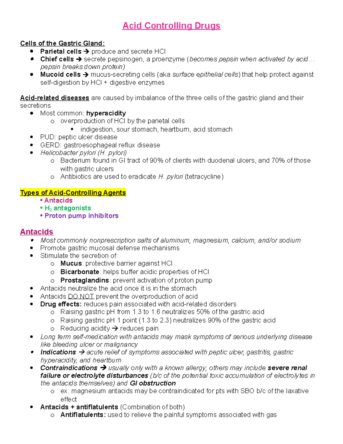 Acid Controlling Drugs (Exam 2) Povea - Acid Controlling Drugs Cells of ...