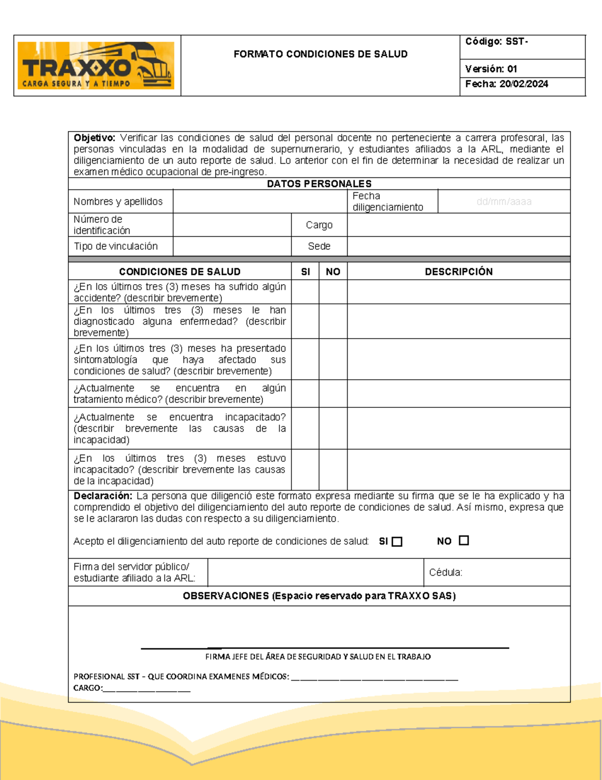 Formato Condiciones DE Salud - FORMATO CONDICIONES DE SALUD Código: SST ...