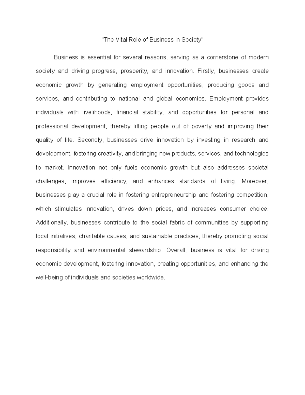 The Vital Role of Business in Society - "The Vital Role of Business in ...