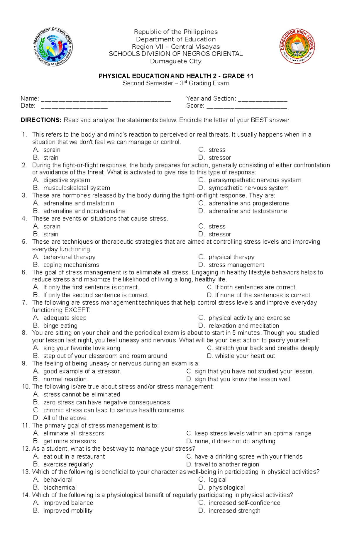 Grade 11 PE AND Health - Quarter 3 Assessment - Republic of the ...