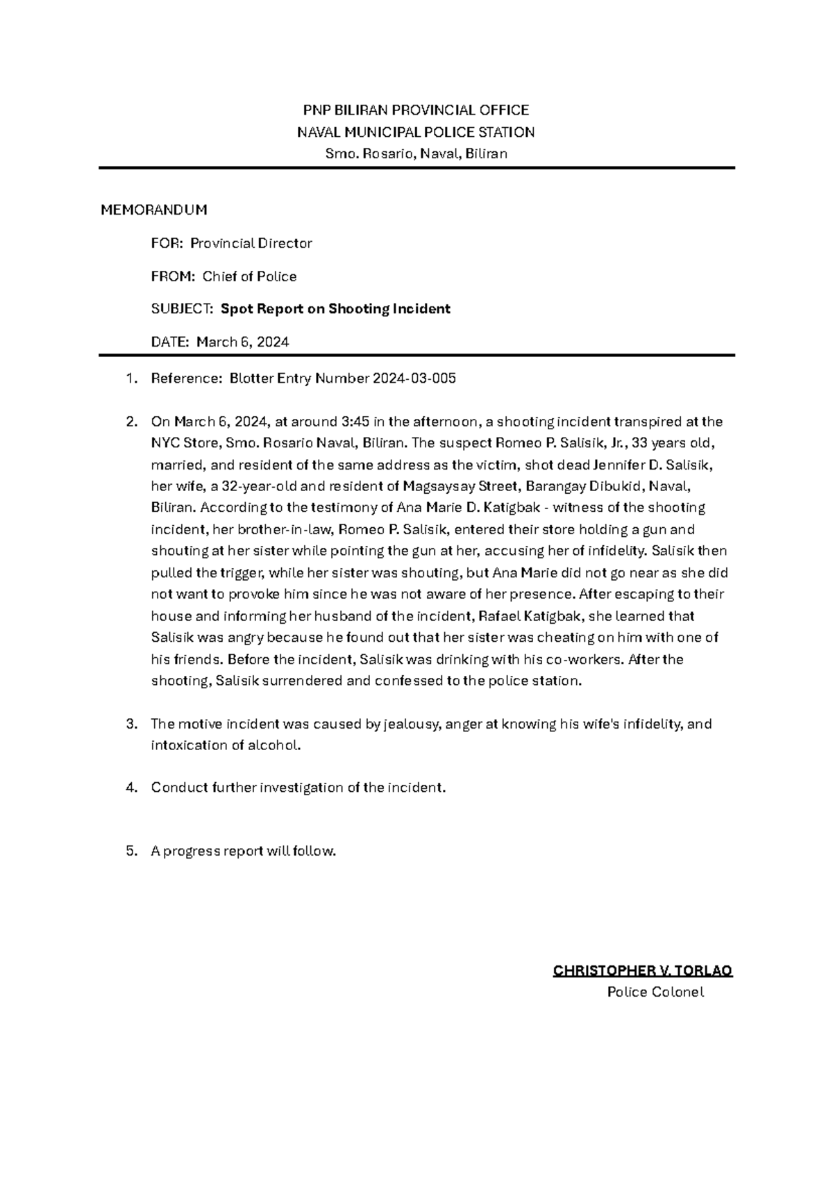 SPOT Report - PNP BILIRAN PROVINCIAL OFFICE NAVAL MUNICIPAL POLICE ...