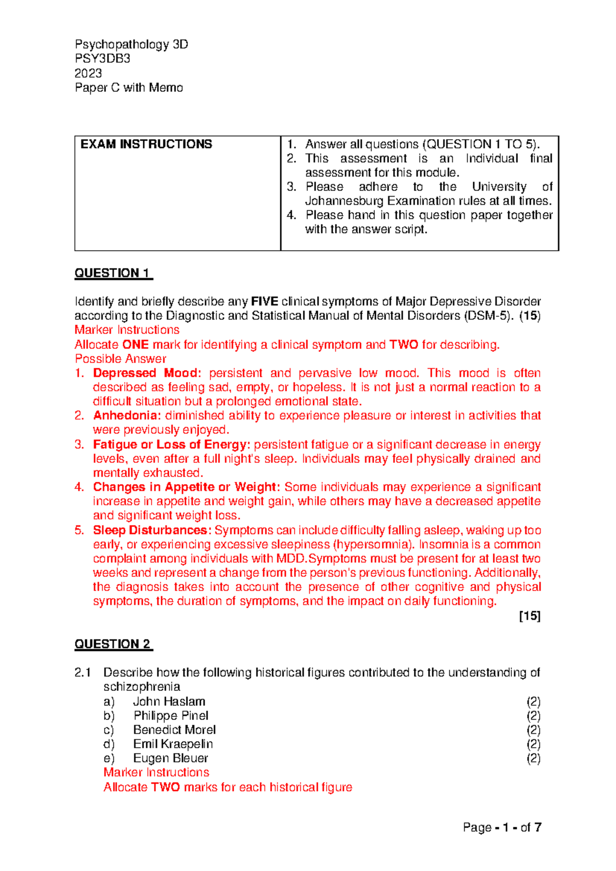 Psy3DB3 Nov 2023 Exam Paper C with Memo - UJ - Studocu