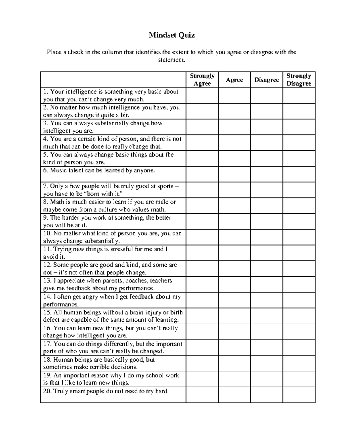 Mindset Quiz - exam materials - Mindset Quiz Place a check in the ...