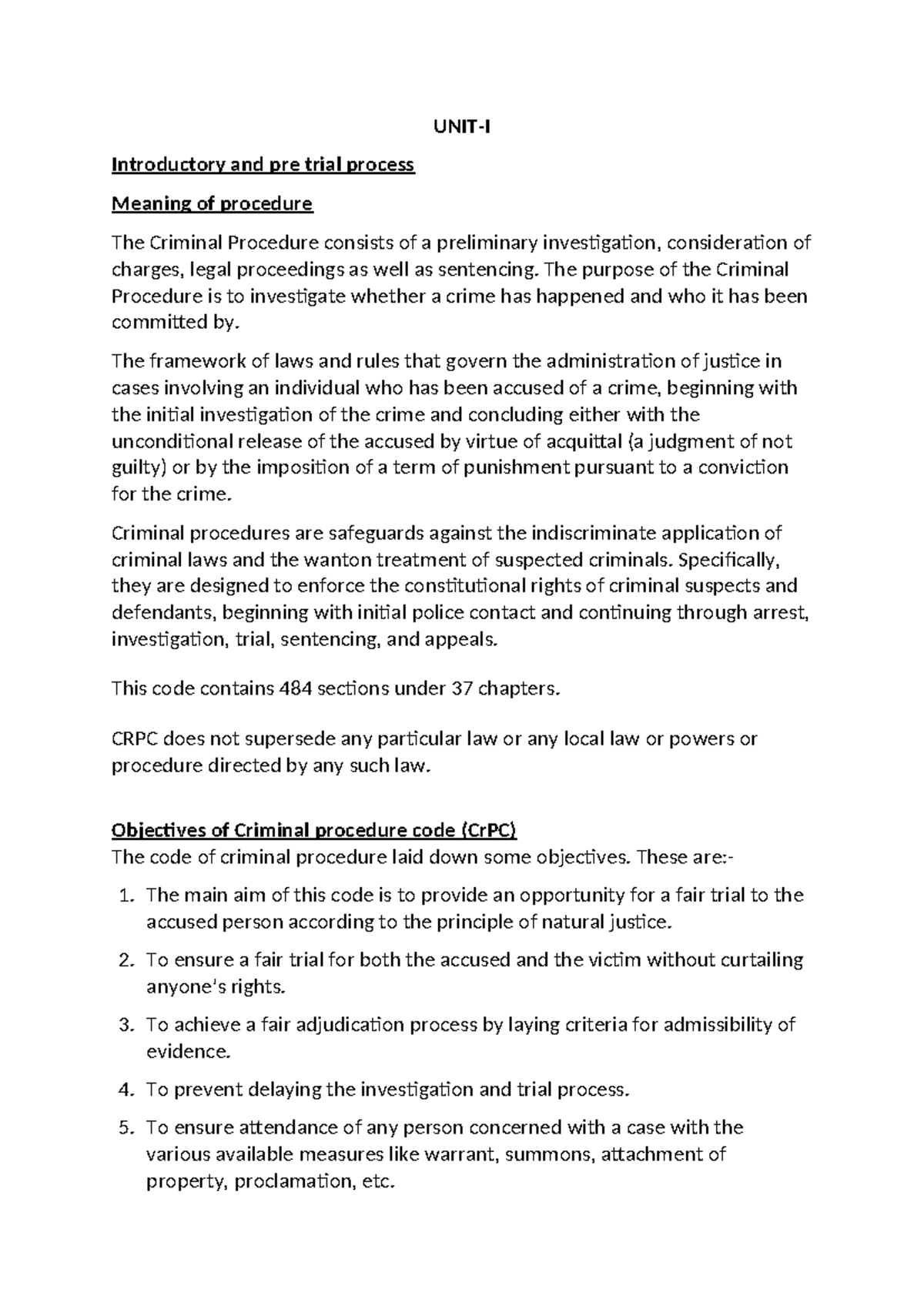 Crpc Unit 1 - BA it is useful - UNIT-I Introductory and pre trial process Meaning of procedure ...