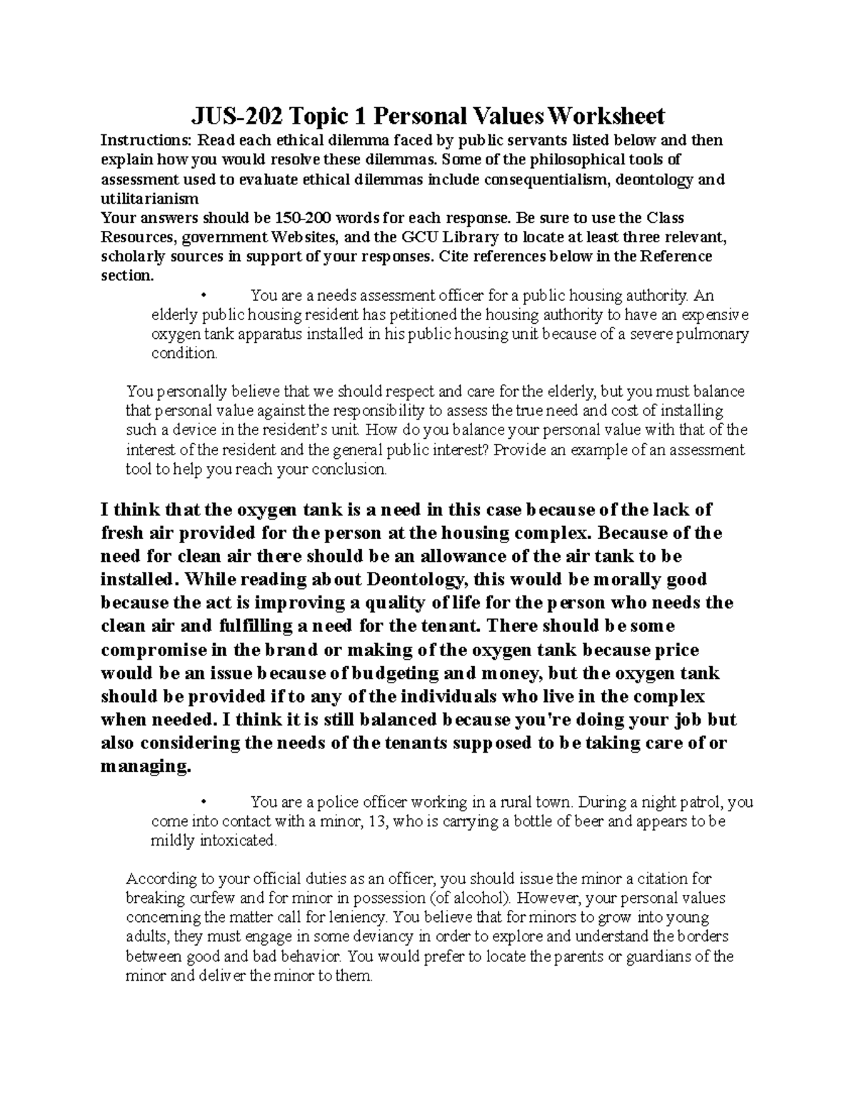 JUS-202 Topic 1 Personal Values Worksheet - JUS-202 Topic 1 Personal ...