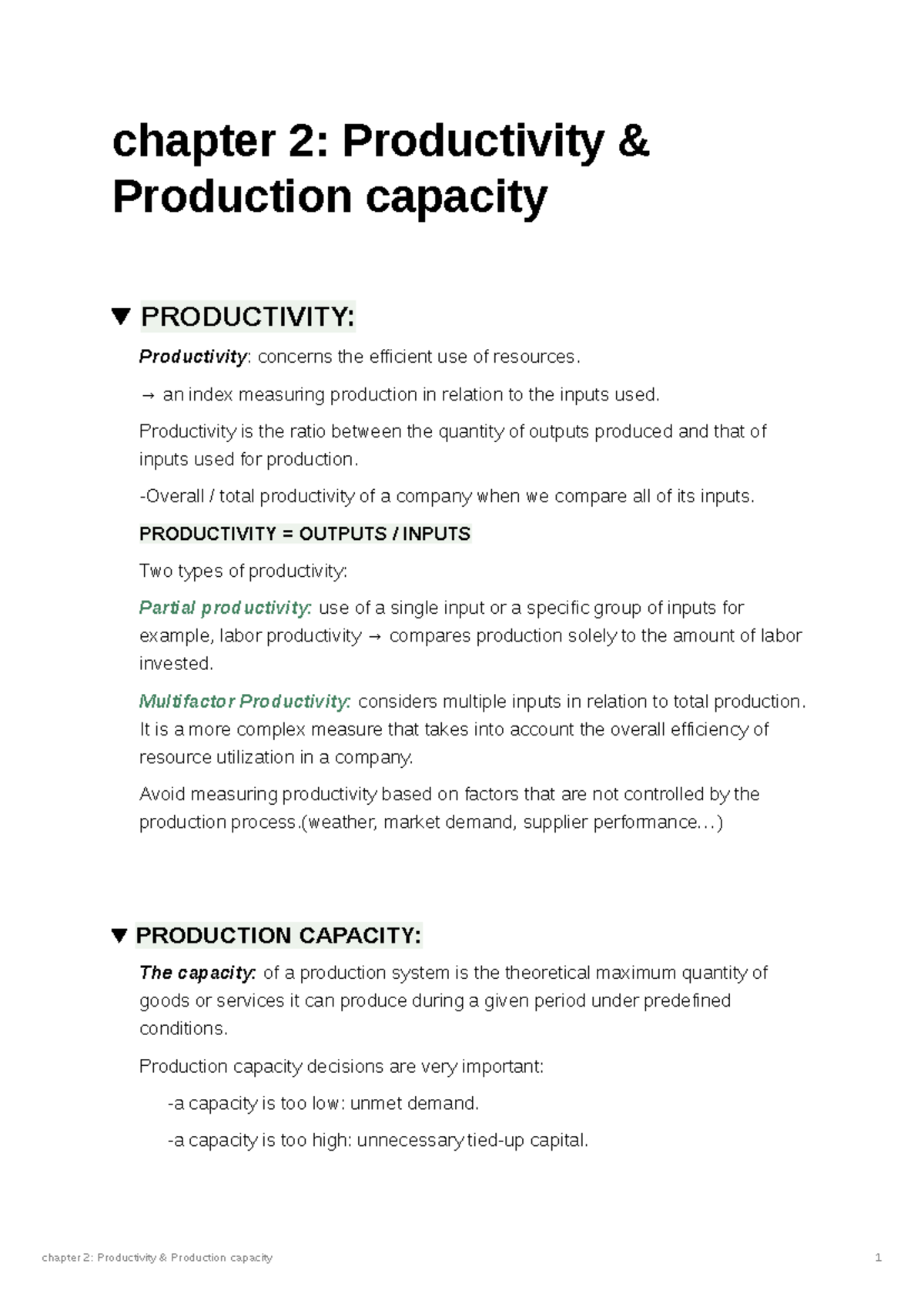 Chap2 - yes - chapter 2: Productivity & Production capacity 1 chapter 2: Productivity & - Studocu